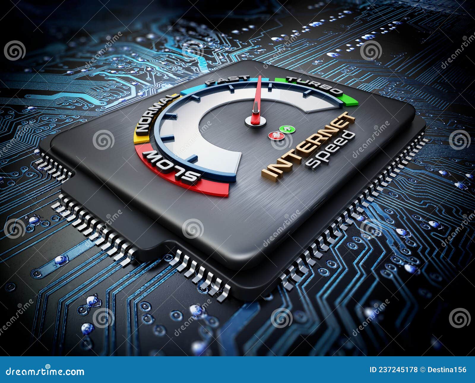 Internet Speed Dial on Computer Chip Standing on Blue PCB. 3D ...