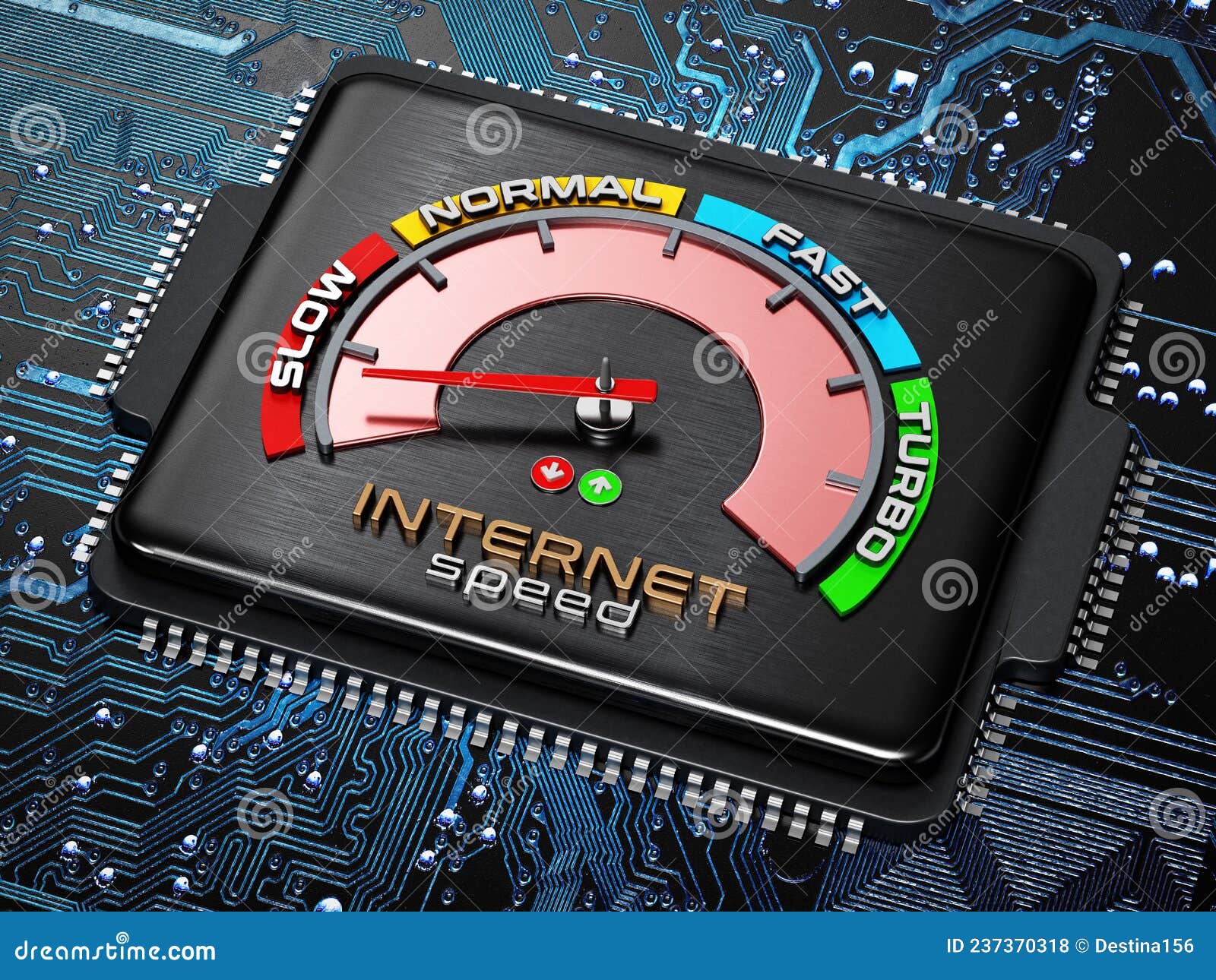 Internet Speed Dial on Computer Chip Standing on Blue PCB. 3D ...