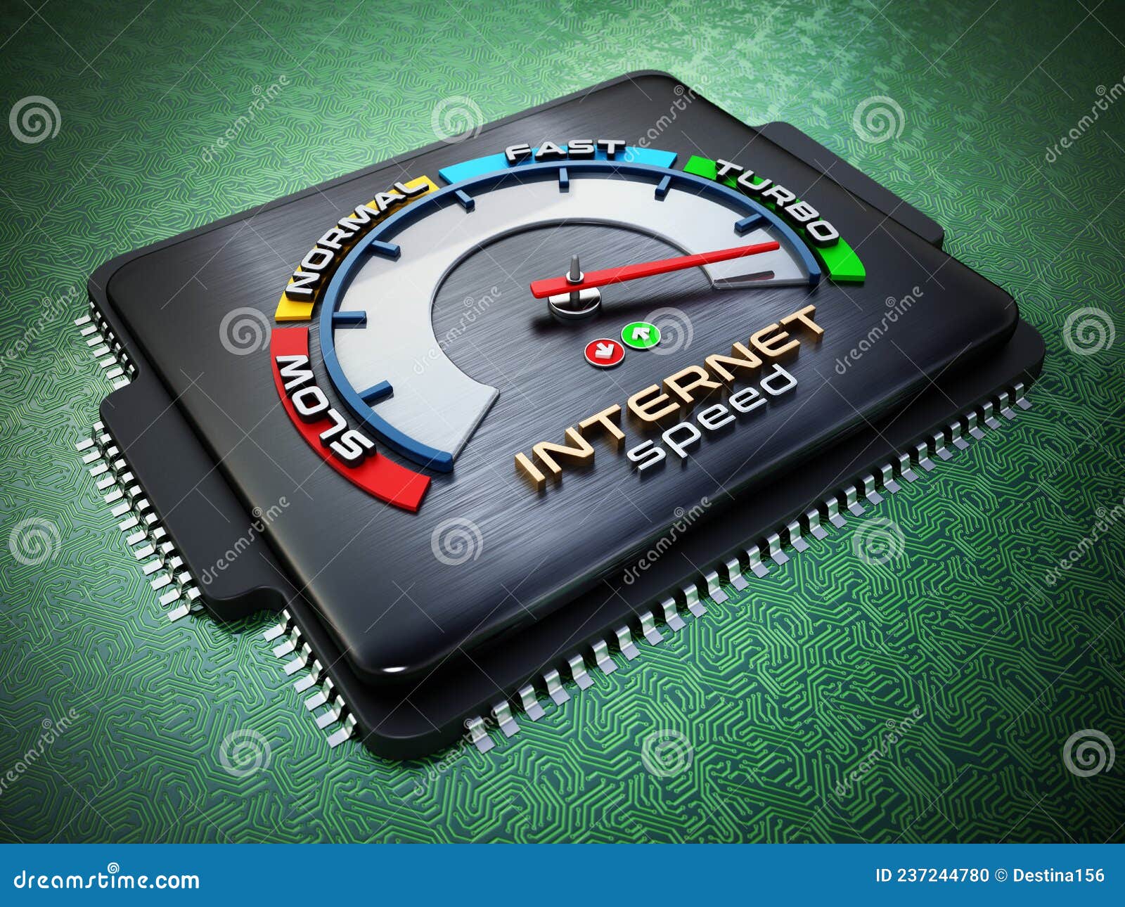Internet Speed Dial on Computer Chip Standing on Green PCB. 3D ...