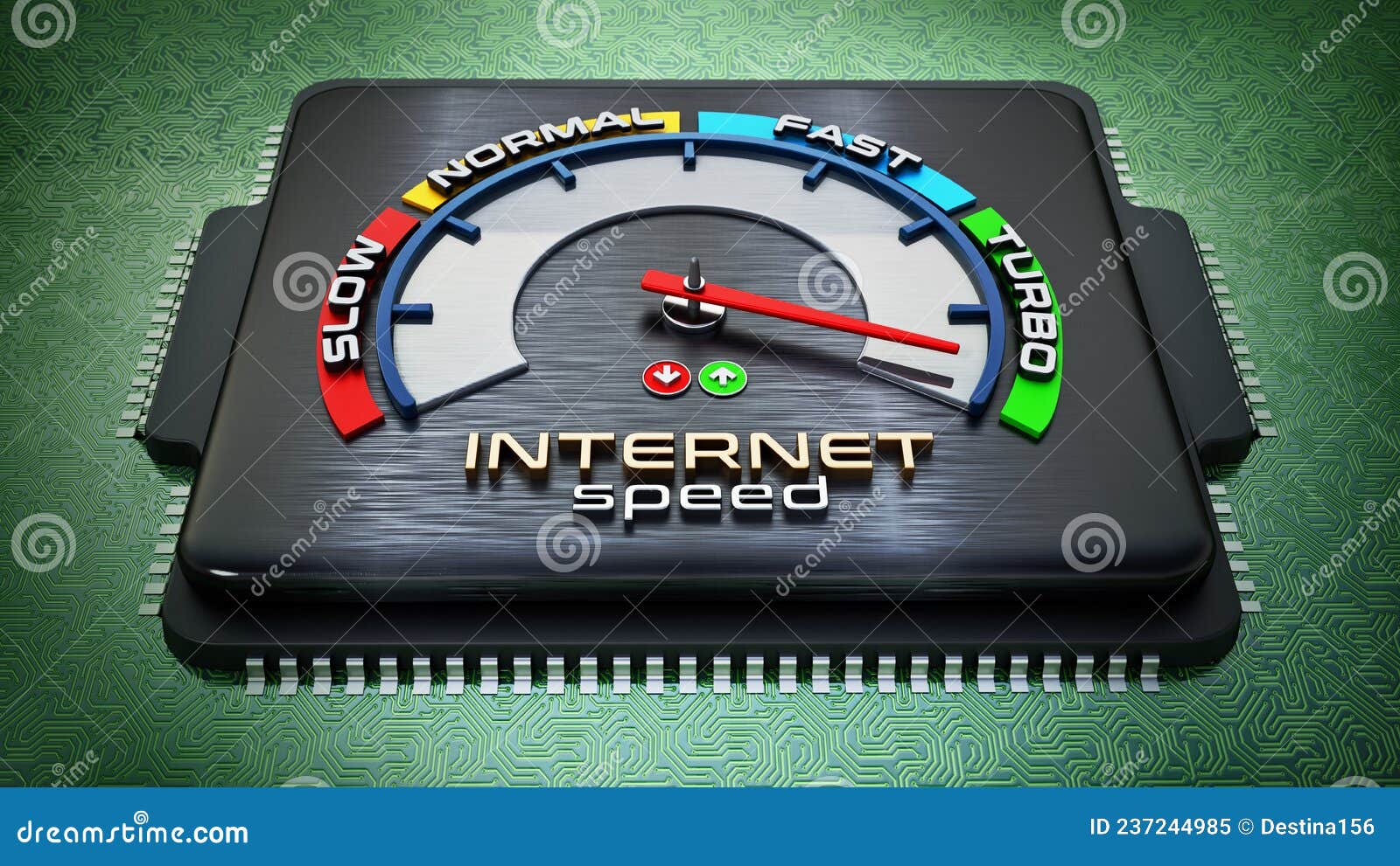 Internet Speed Dial on Computer Chip Standing on Green PCB. 3D ...