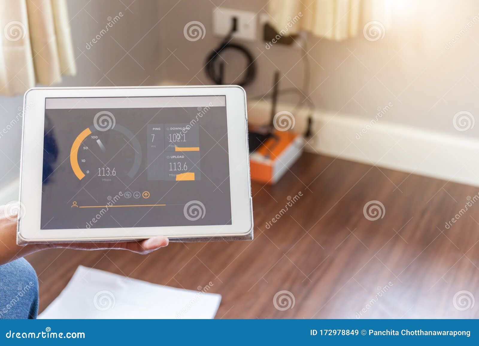 Internet Technician Man Showing Speedtest Upload and Download with ...