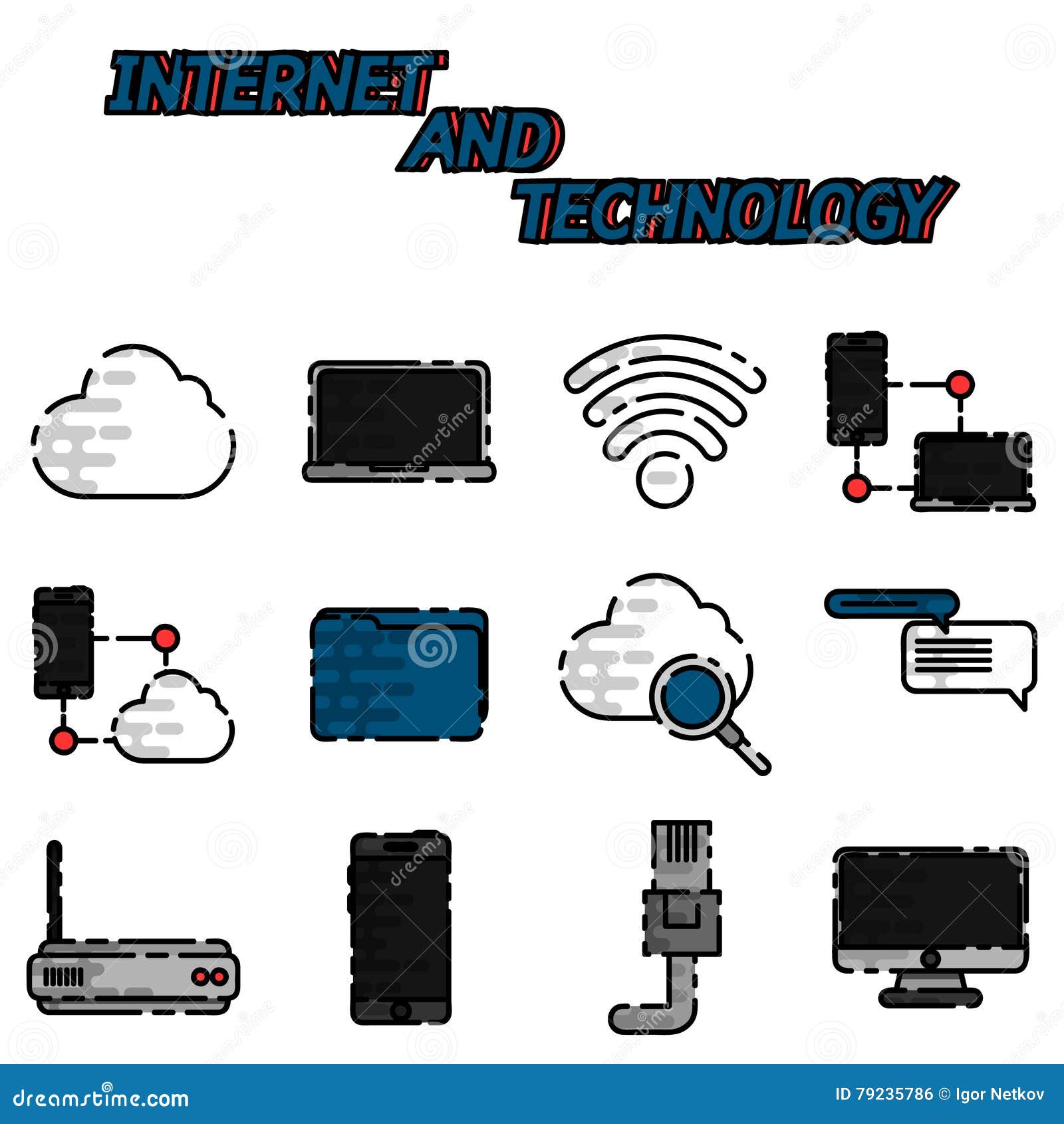 Internet and Technology Flat Icon Set Stock Vector - Illustration of ...