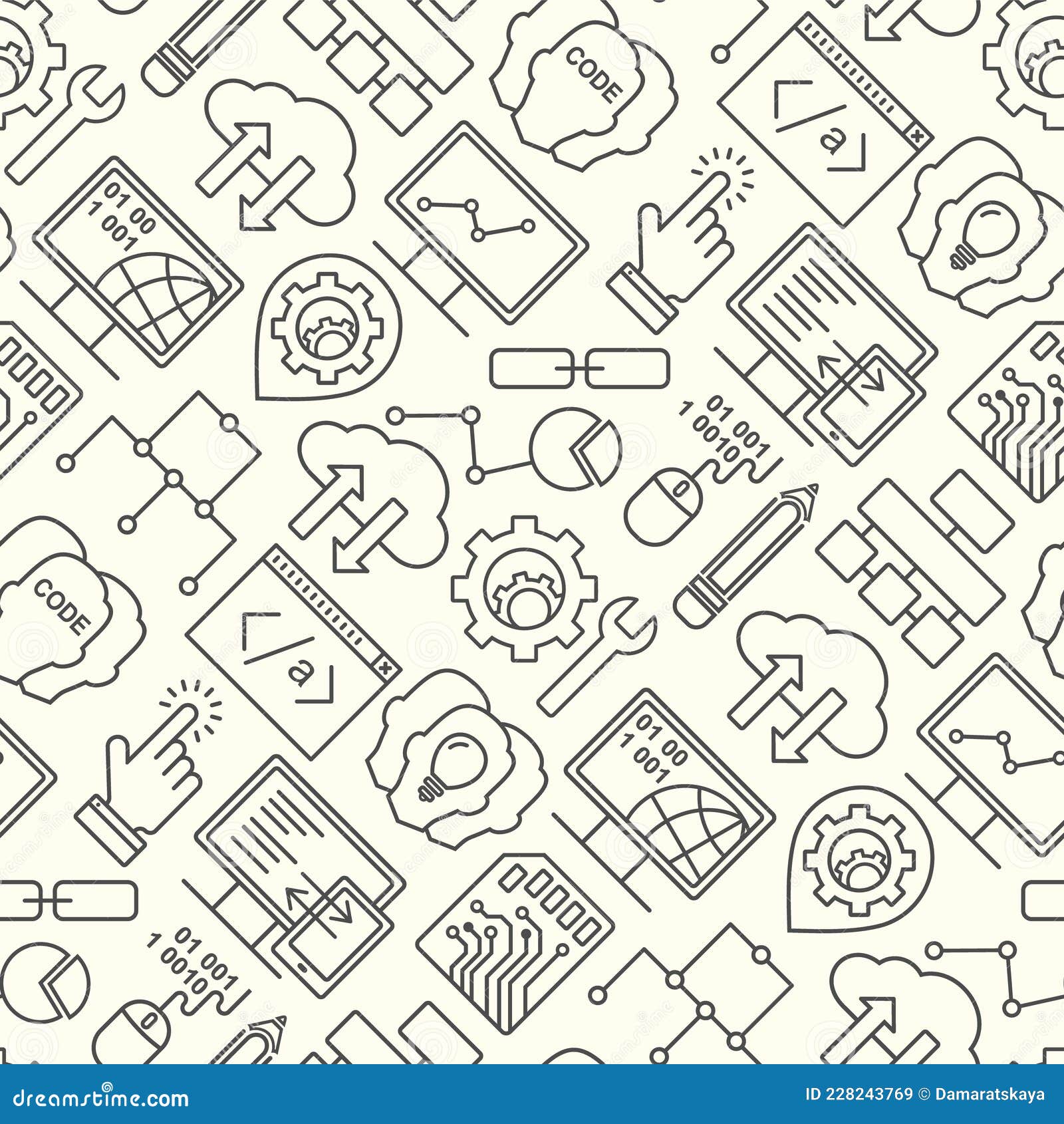Internet Technology and Programming Seamless Background with Linear Icons Set. Html, Php and ...