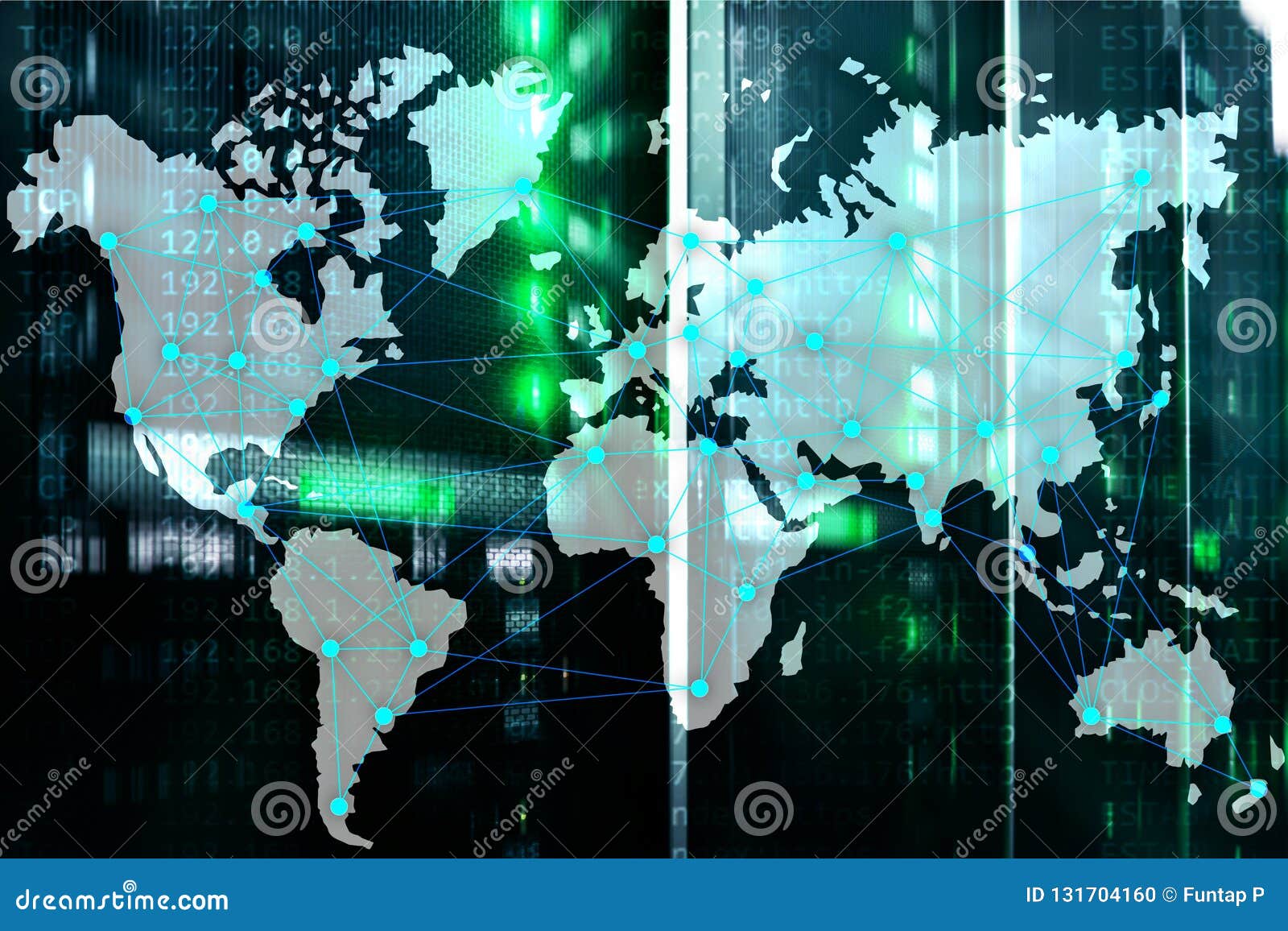 Internet and Telecommunication Concept with World Map on Server Room ...
