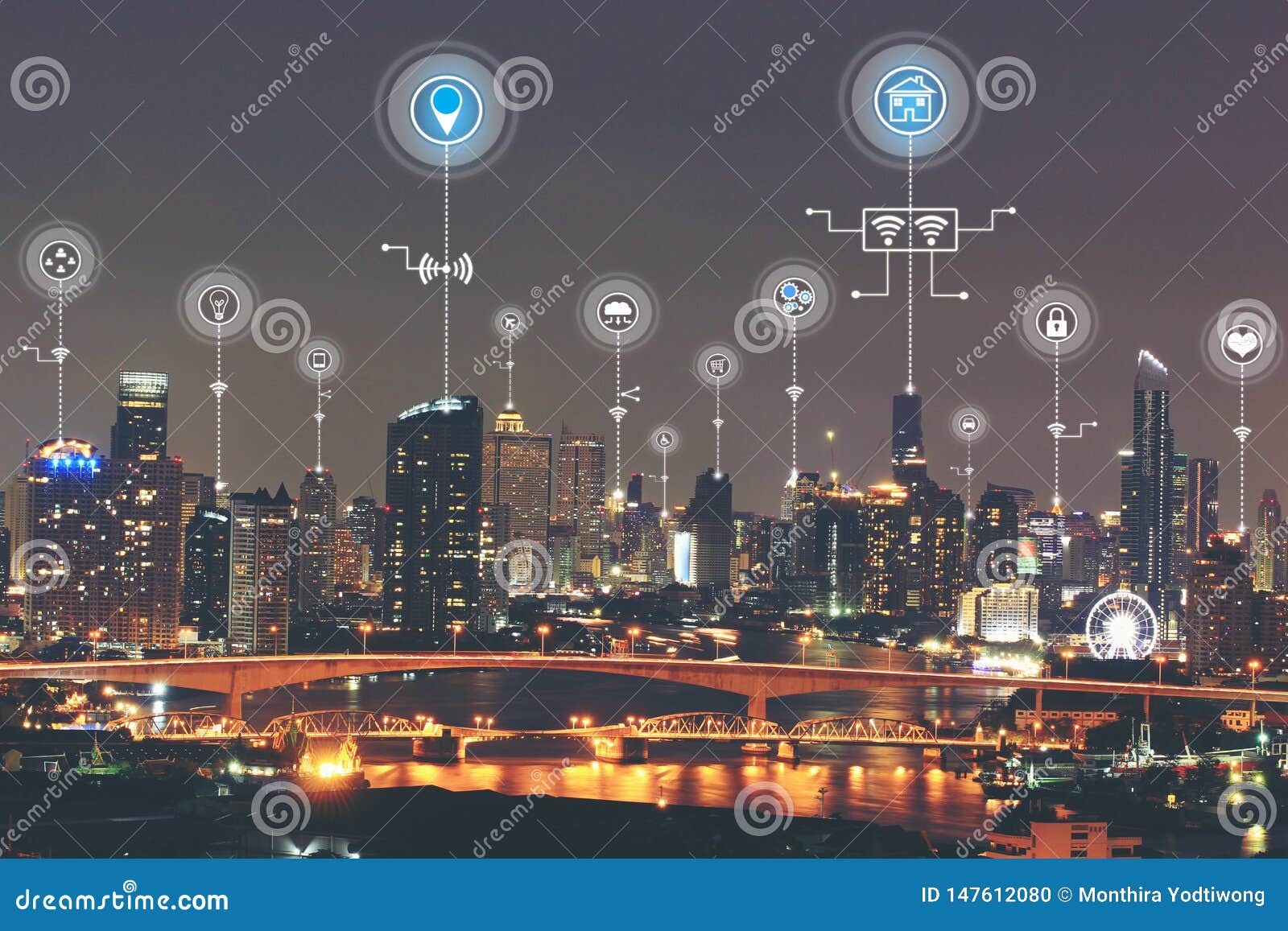 Internet of Things IoT, Smart City with Smart Services and Icon or ... Internet of Things IoT, Smart City with Smart Services and Icon or ...