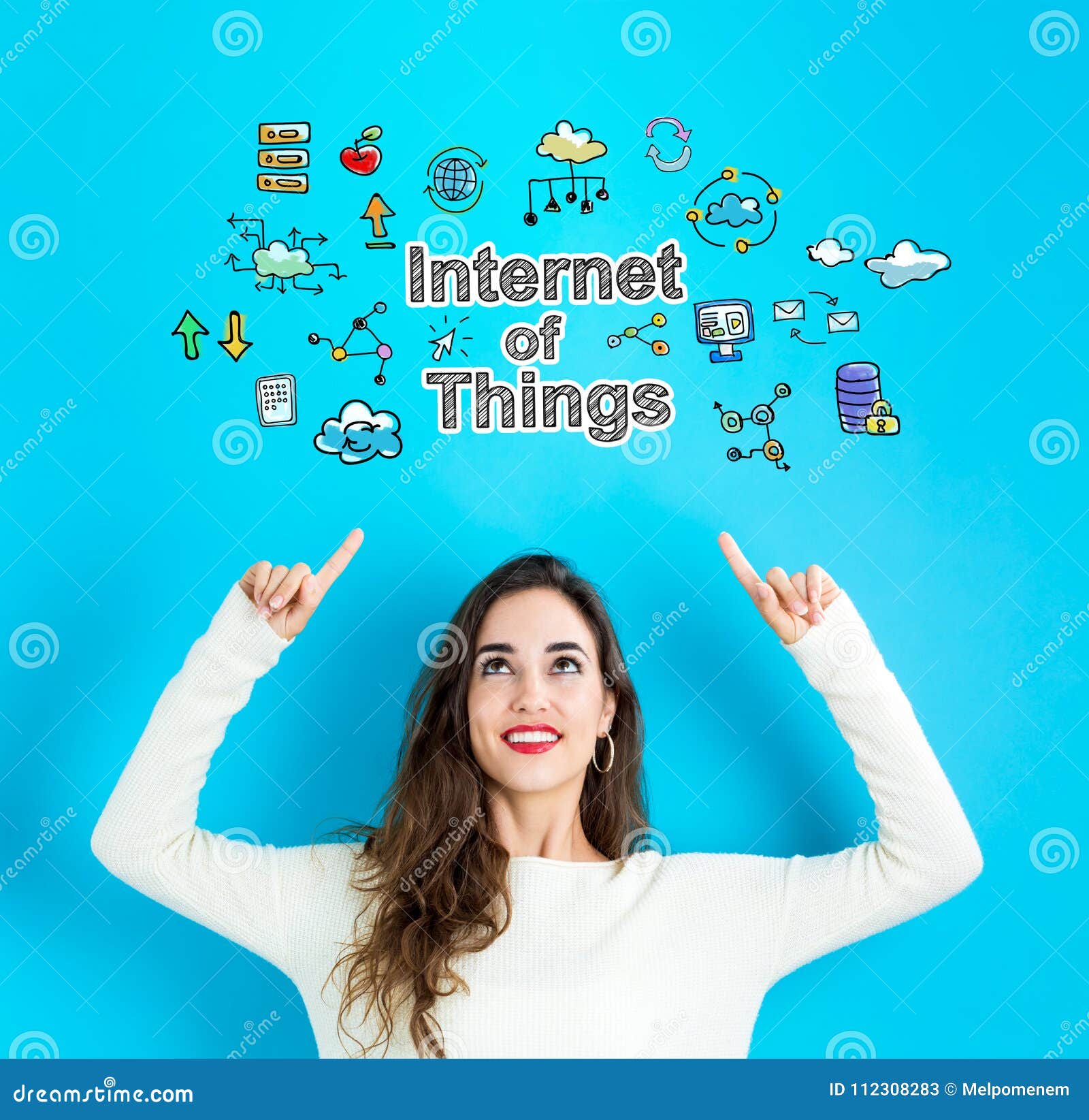 Internet of Things with Young Woman Looking Upwards Stock Image - Image ...