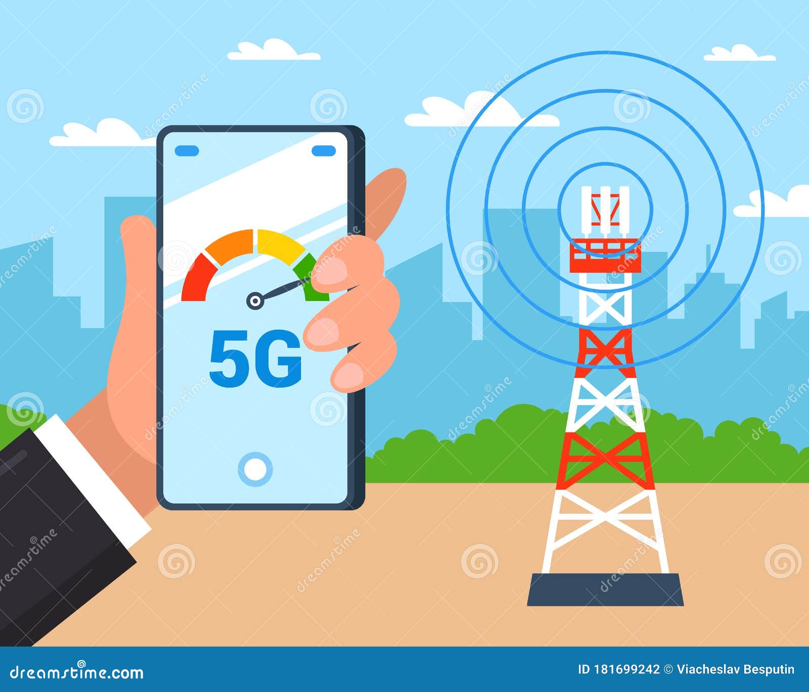 5G Internet Tower On The Background Of The City. Cartoon Vector ...