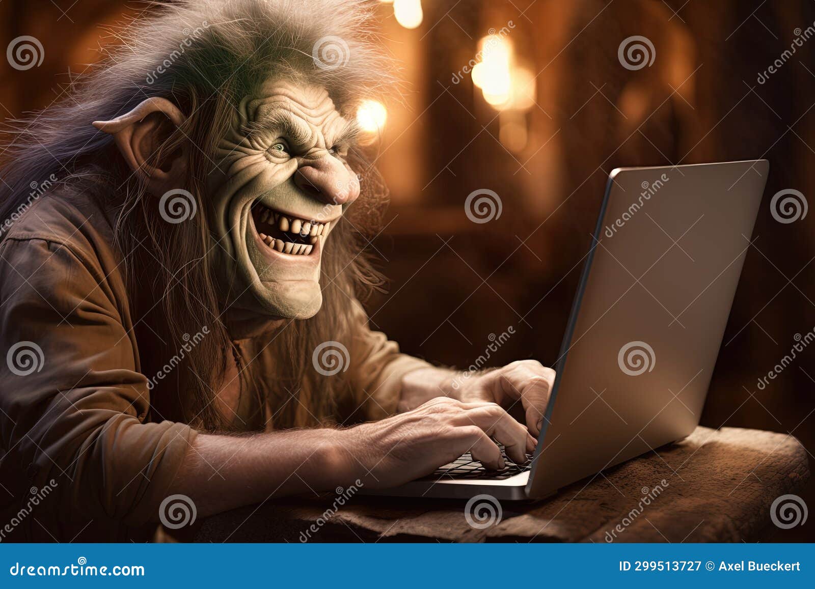 Internet Troll with Evil Mischievous Grin Typing on Laptop Computer ...