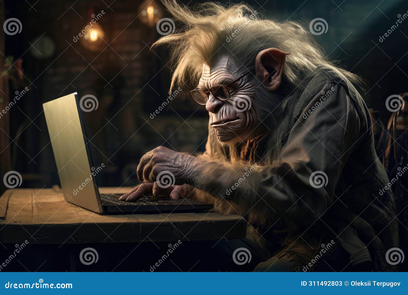 Internet Troll Sitting at the Table and Typing on Laptop Bad Comments ...