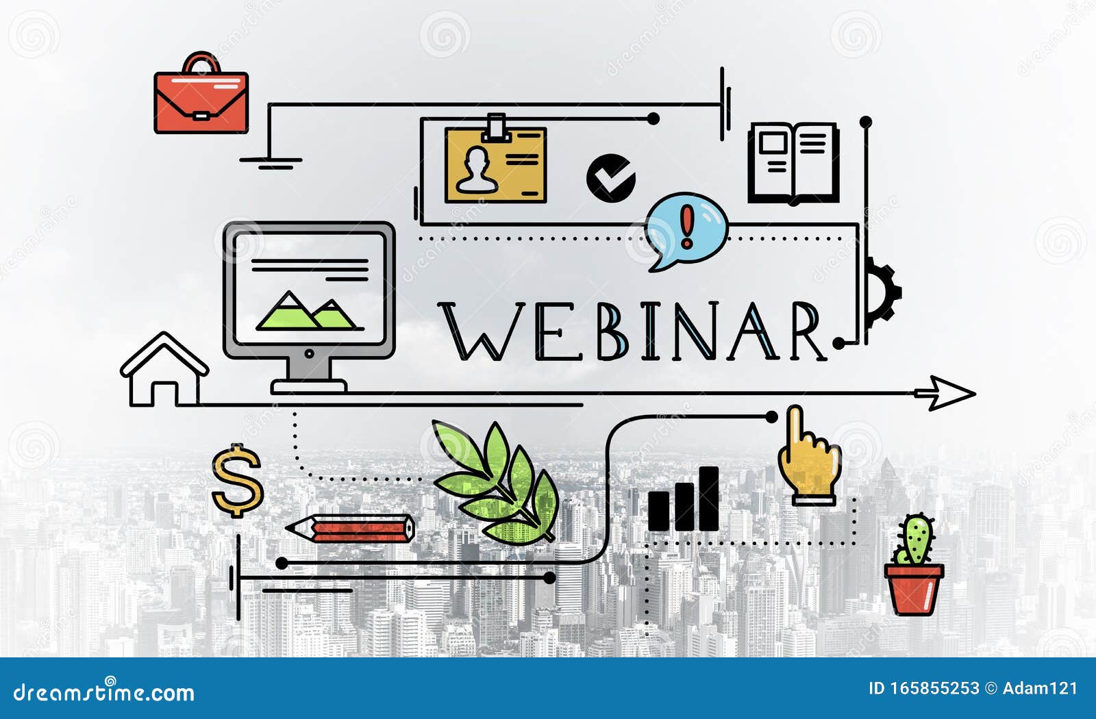 Internet Webinar Linear Sketch with Media Signs Stock Illustration ...