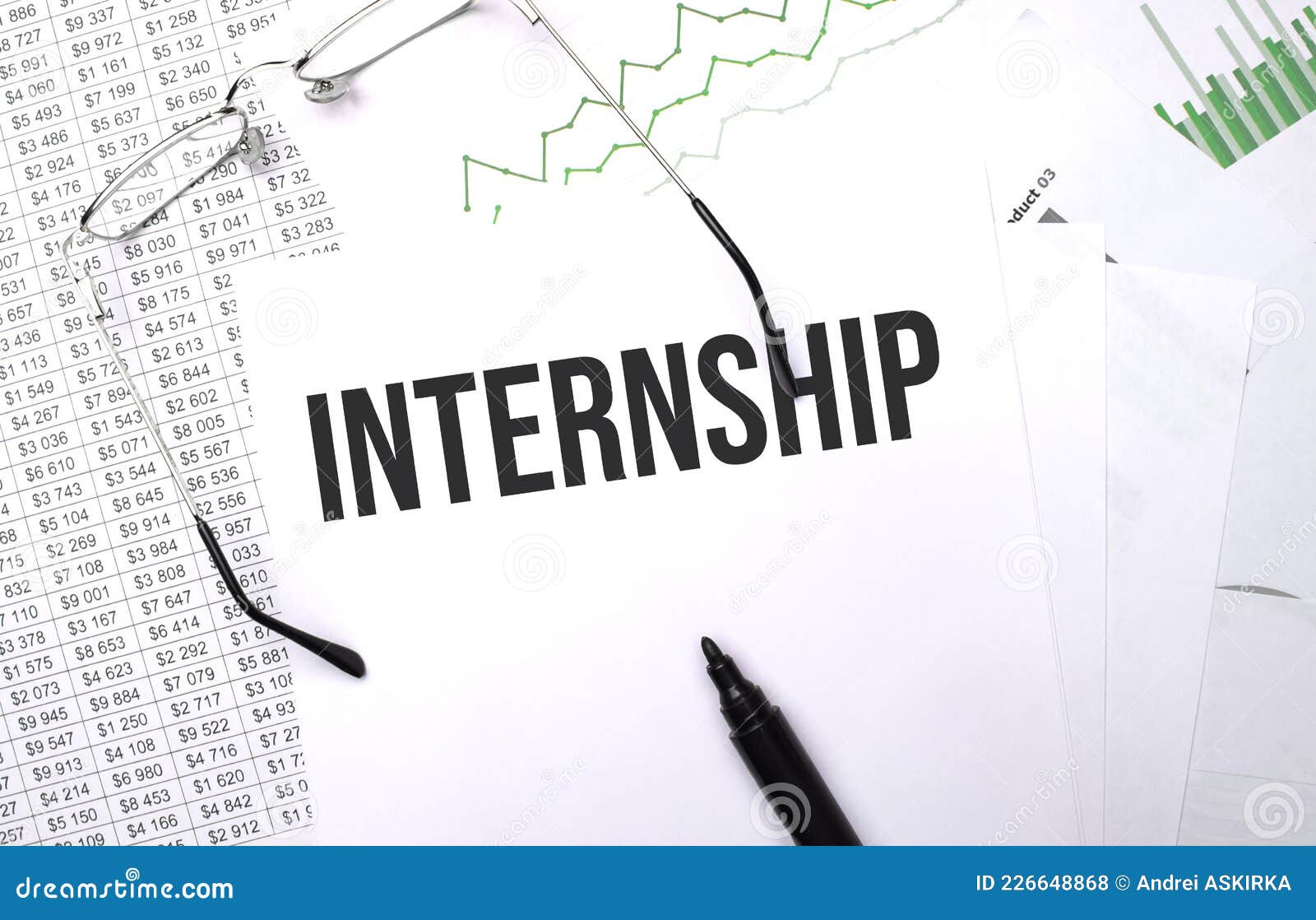 Internship . Conceptual Background with Chart ,papers, Pen and Glasses ...