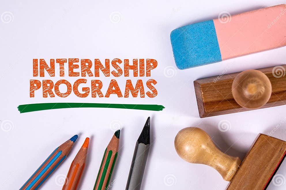 Internship Programs. Colored Pencils, Stamps and Eraser on a White ...