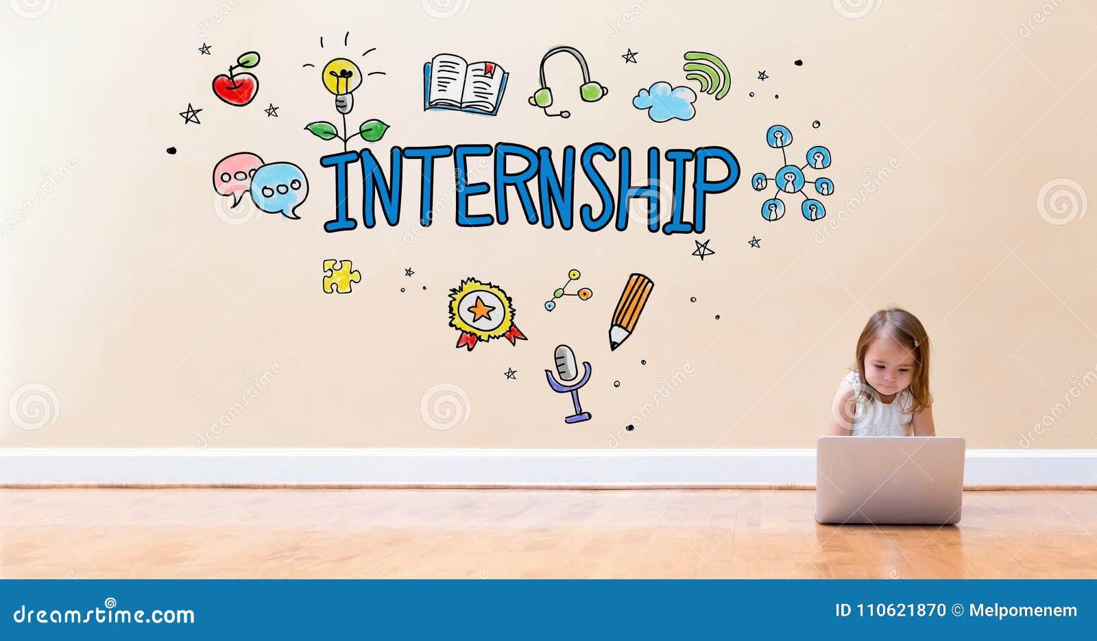 Internship Text with Little Girl Using a Laptop Computer Stock Photo ...