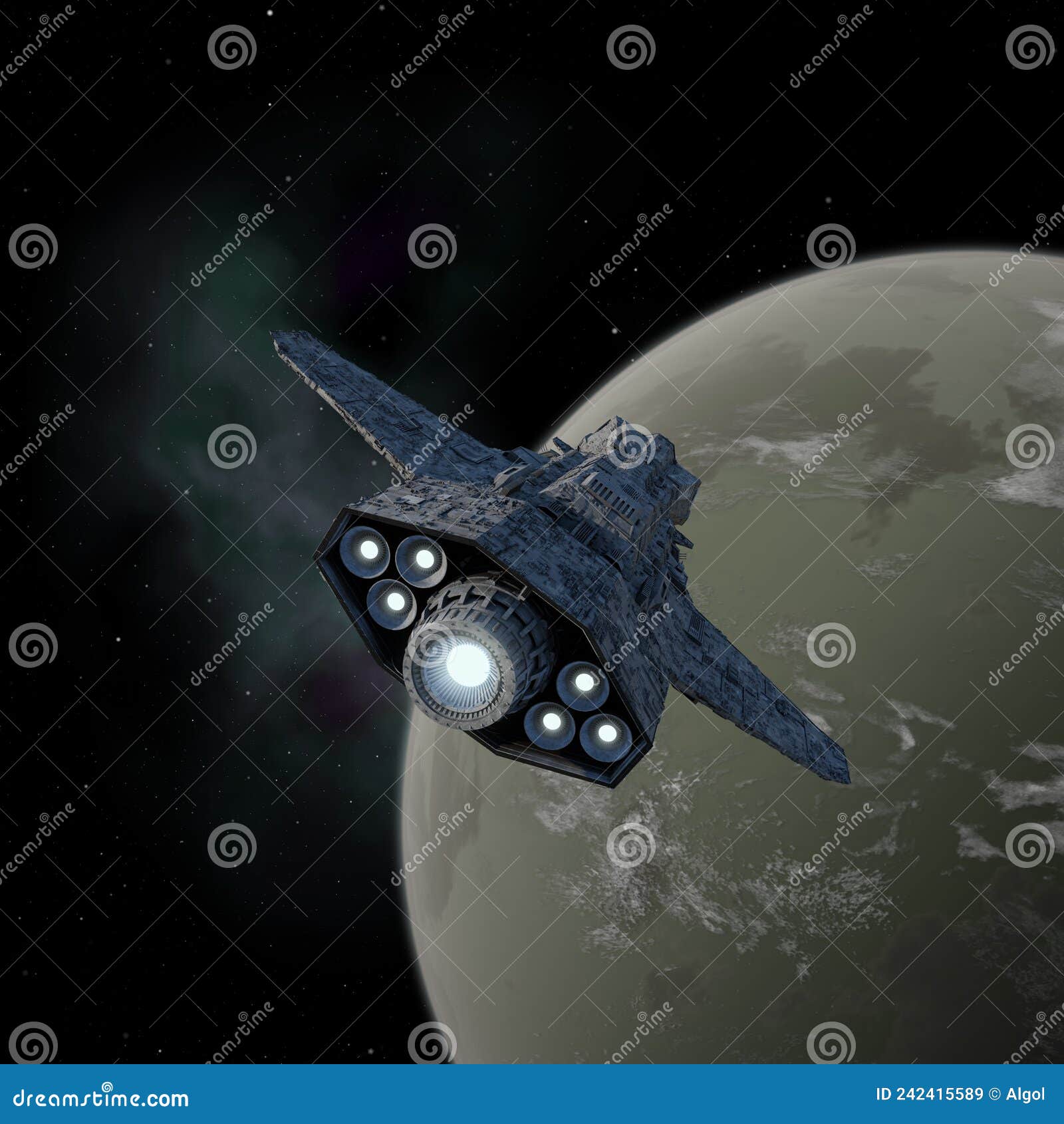 Interplanetary Gunship Approaching a Green Planet Stock Illustration ...