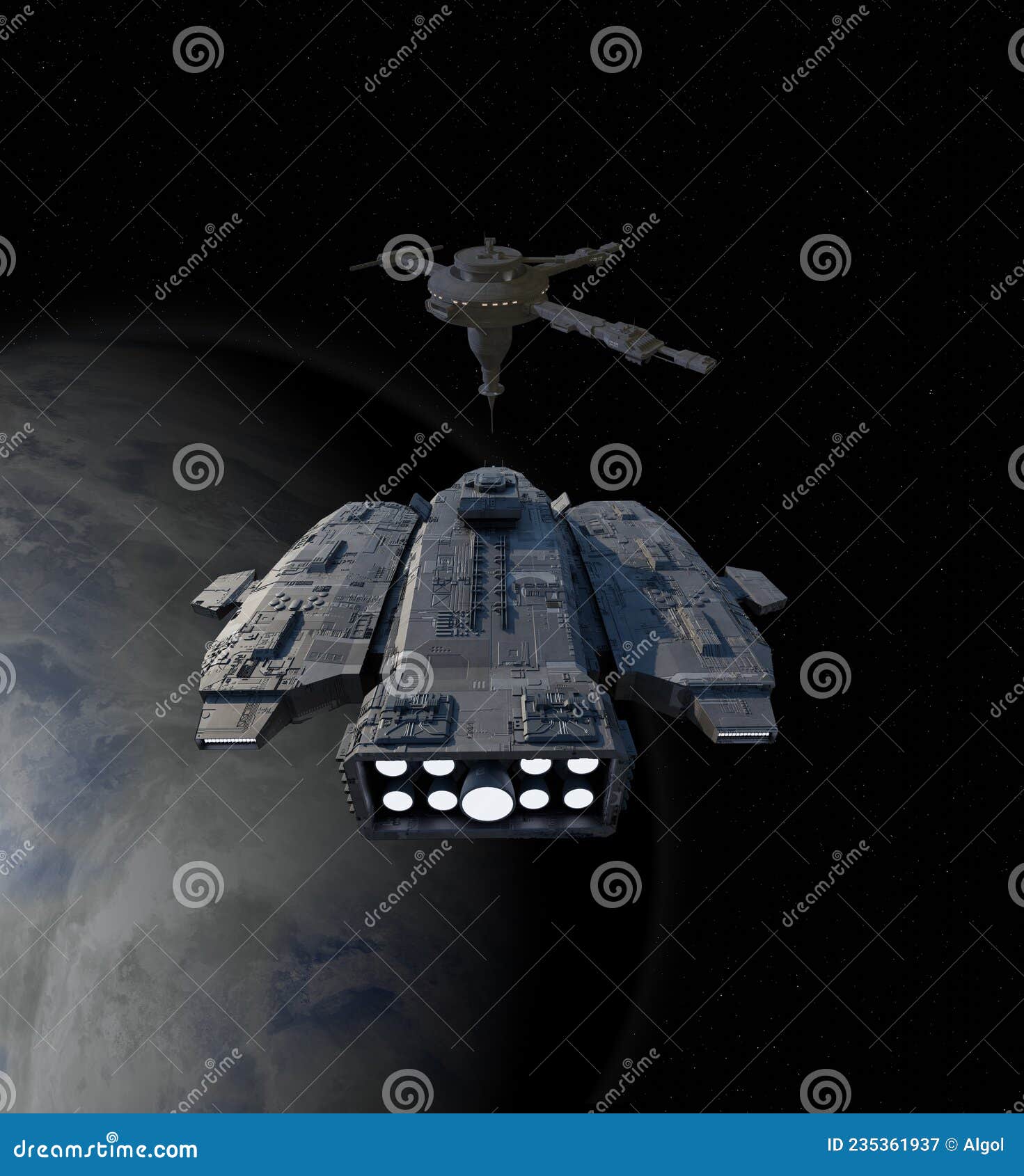 Interplanetary Space Freighter Approaching a Space Station Stock ...