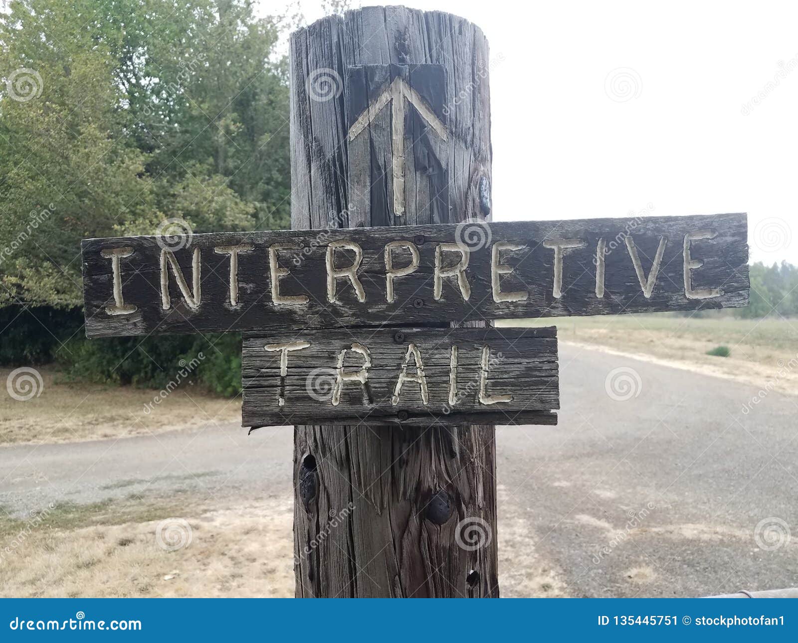 Interpretive Trail Sign with Arrow on Wood Post Stock Image - Image of ...