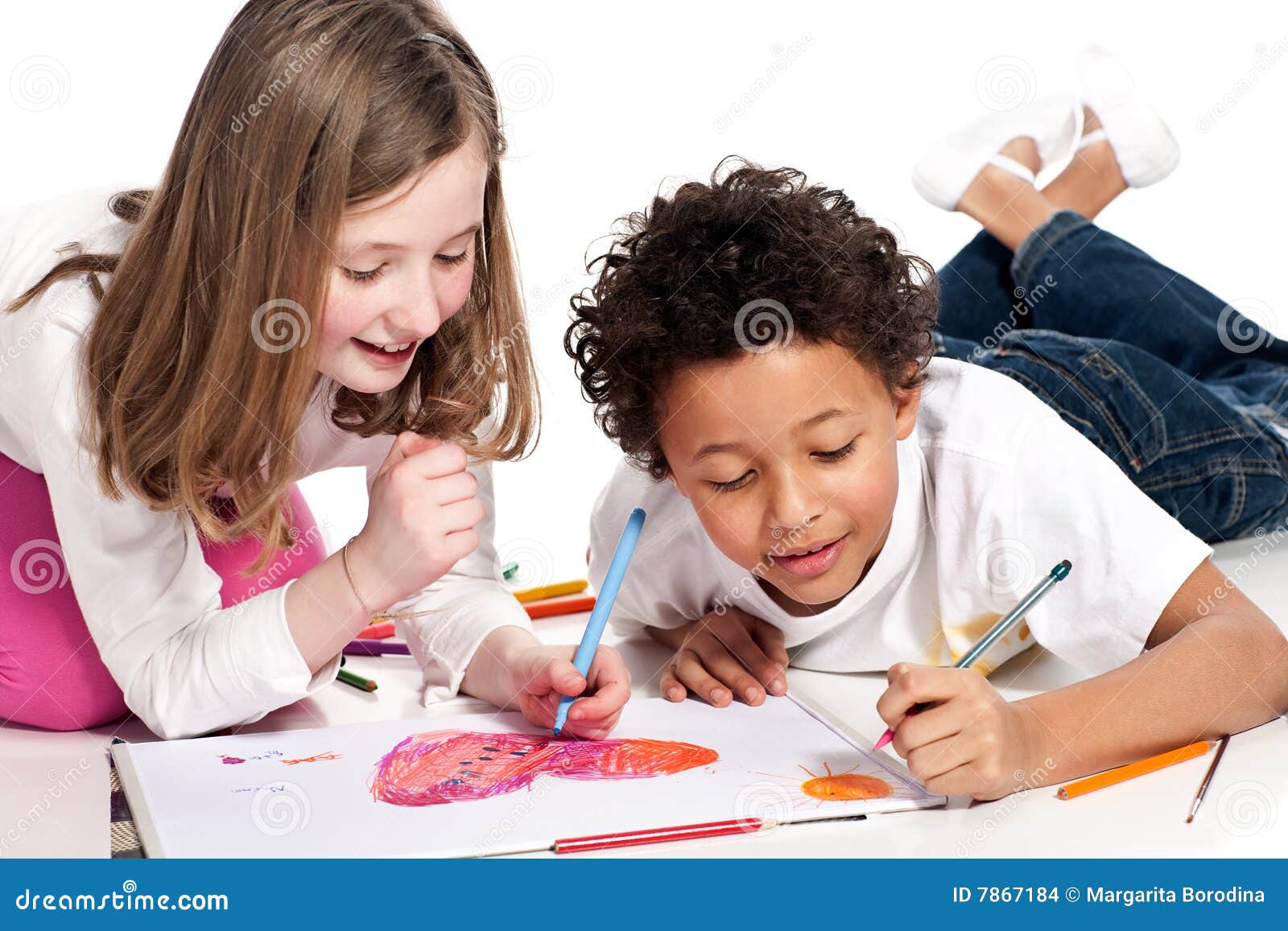 Interracial Children Drawing Together Stock Photo - Image of blond ...