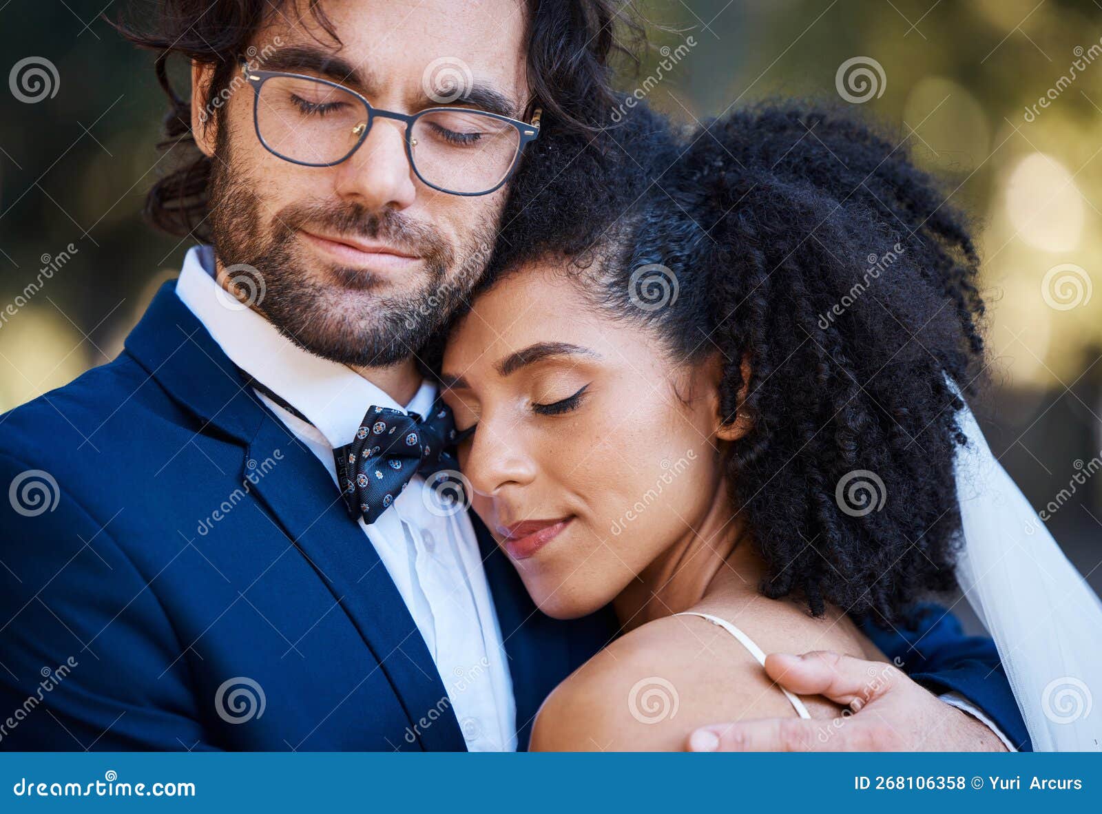 Interracial Couple Wedding And Hug For Love At Marriage Celebration