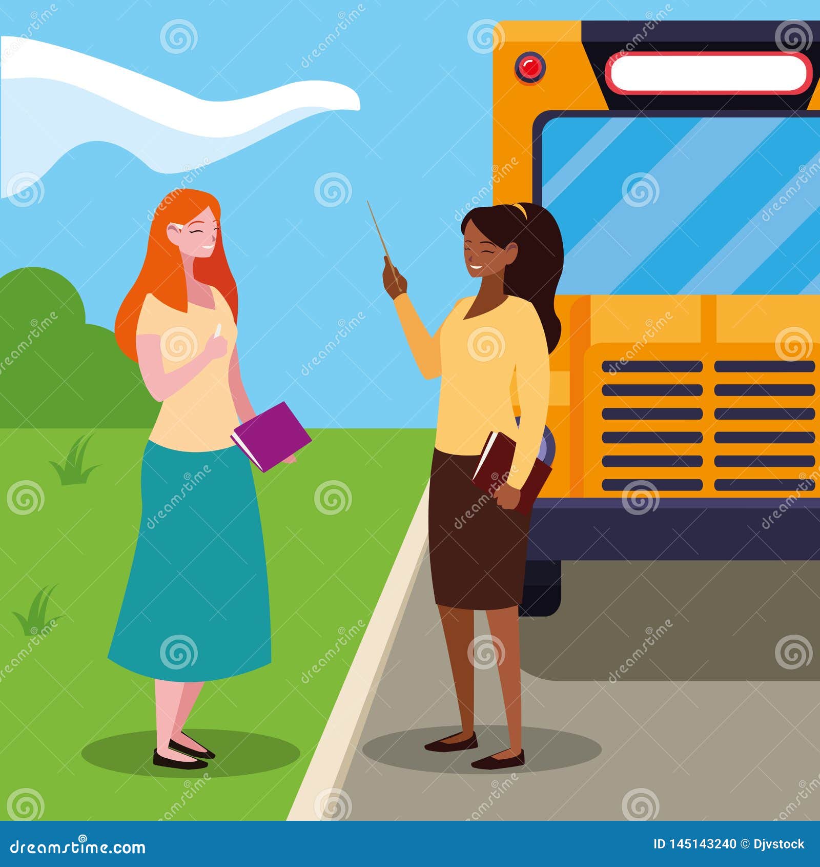 Interracial Female Teachers In Stop Bus Characters Stock Illustration