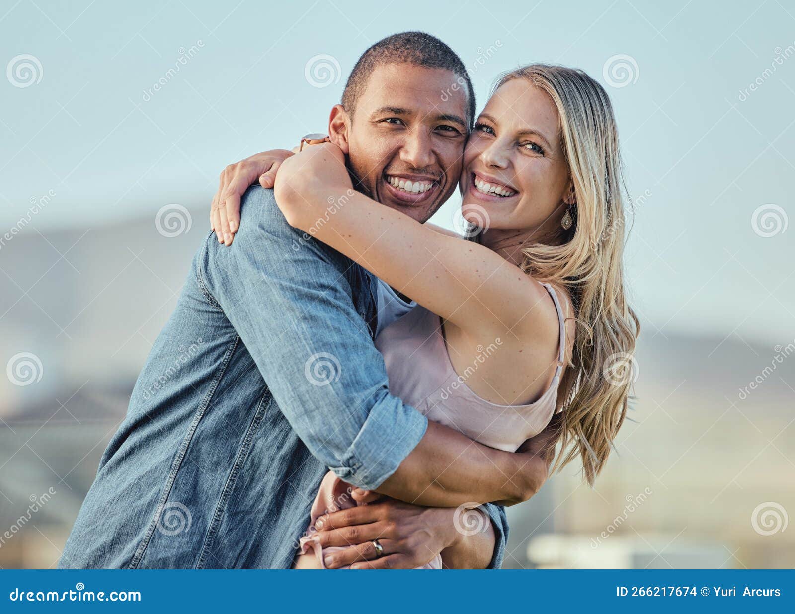 Interracial Happy Couple And Smile Portrait Hug Of People In Summer