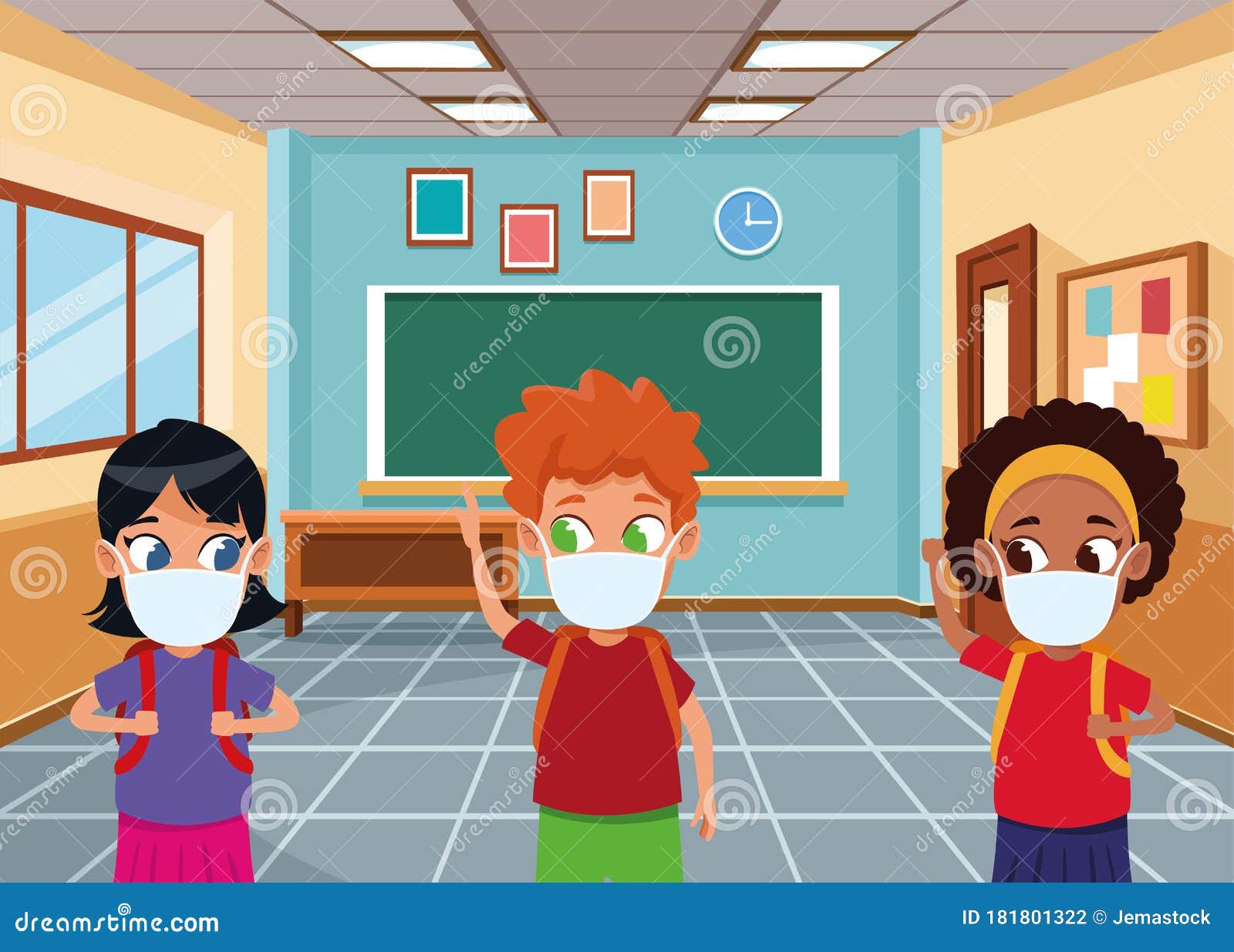Interracial Kids Using Face Masks For Covid19 In The Classroom Vector ...