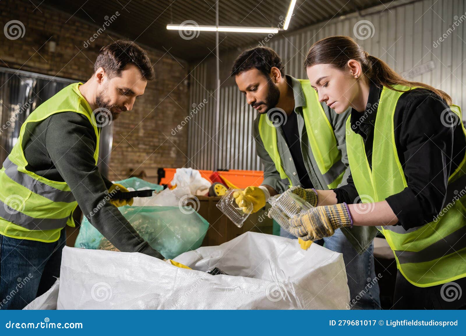 Interracial Sorters in Protective Gloves and Stock Image - Image of ...