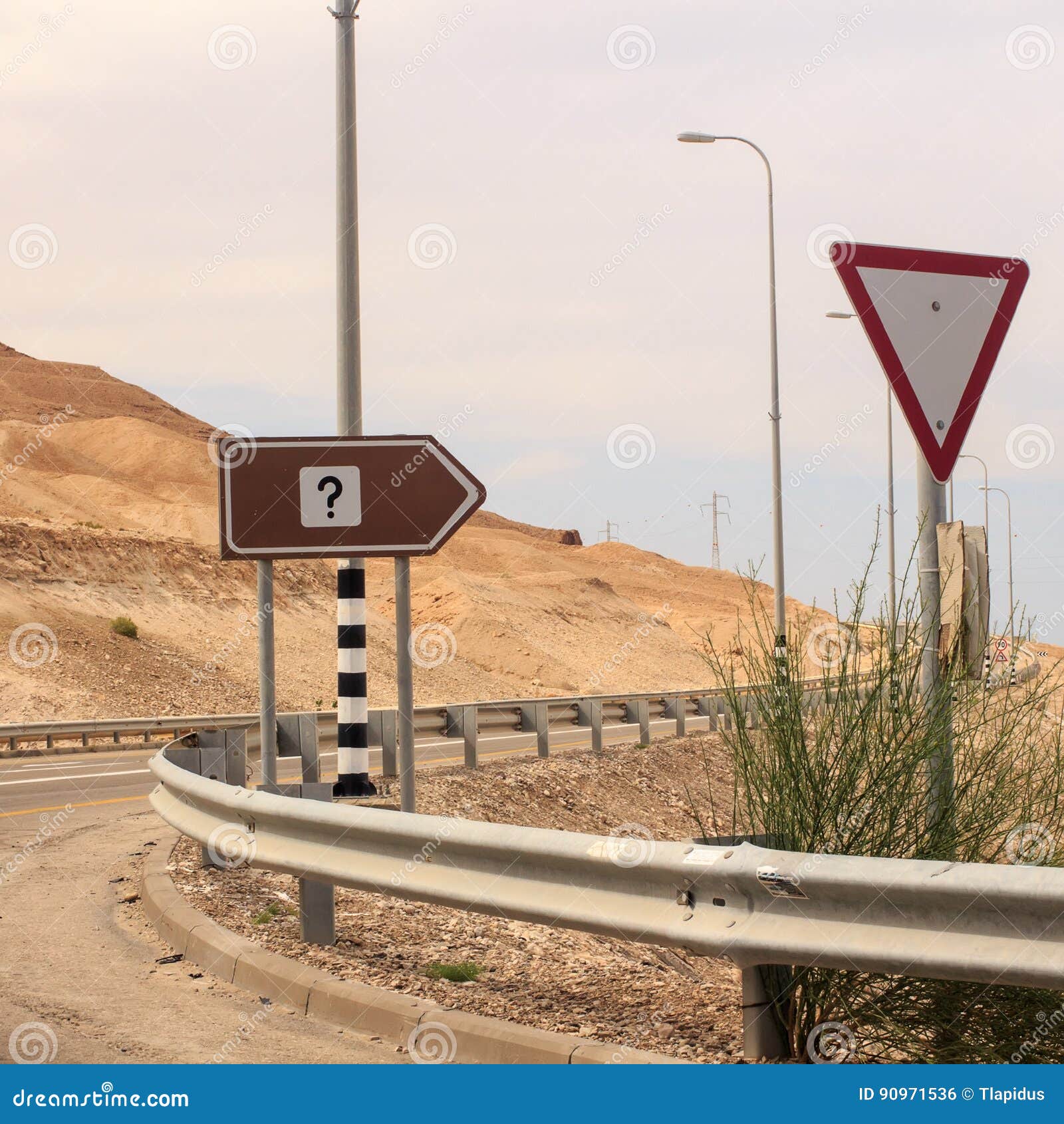 Interrogation Mark on Road Sign and Tiangle Give Way Sign Stock Photo ...