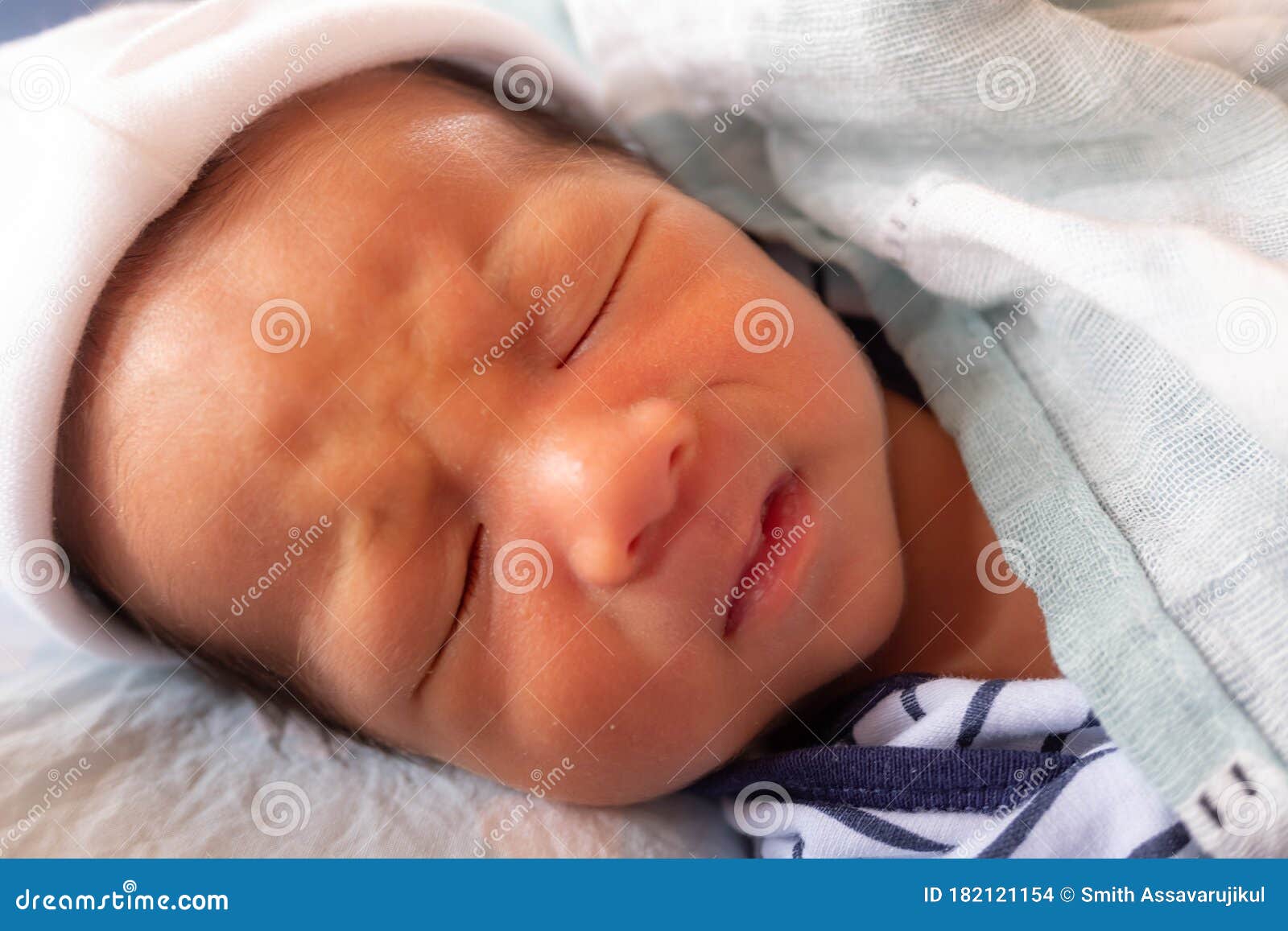 Interrupted Crying Face of Newborn Baby Infant while Sleeping Stock ...