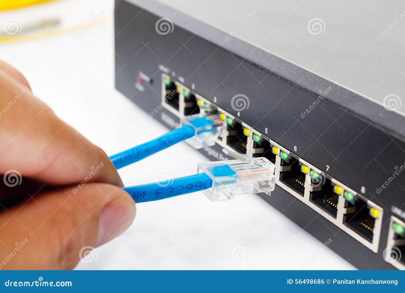 Interruptor De Red Del LAN Con Los Cables De Ethernet Que Enchufan Foto ...