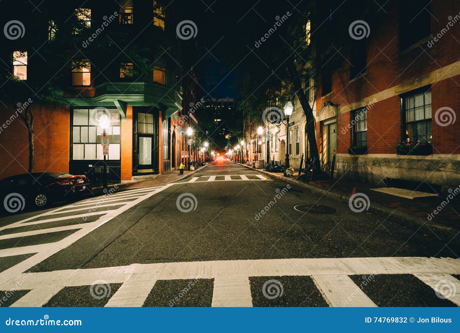 Intersection in Beacon Hill at Night, in Boston, Massachusetts ...