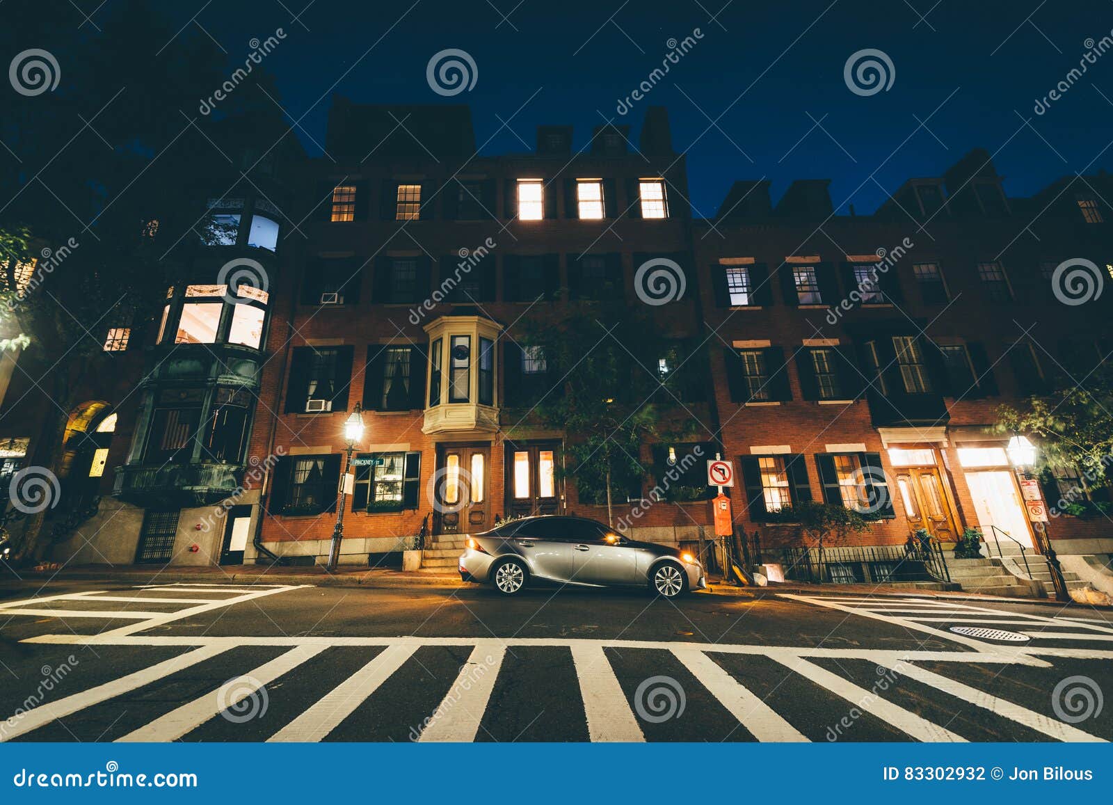 Intersection and Buildings at Night in Beacon Hill, Boston, Mass ...