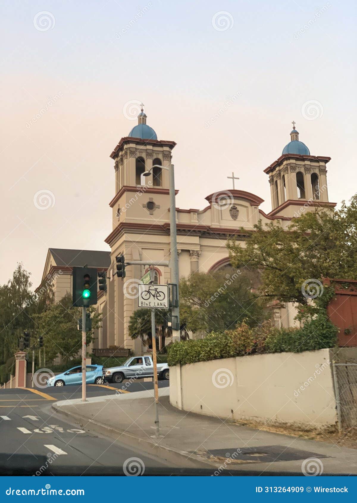 An Intersection with Several Traffic Lights and a Church in the ...