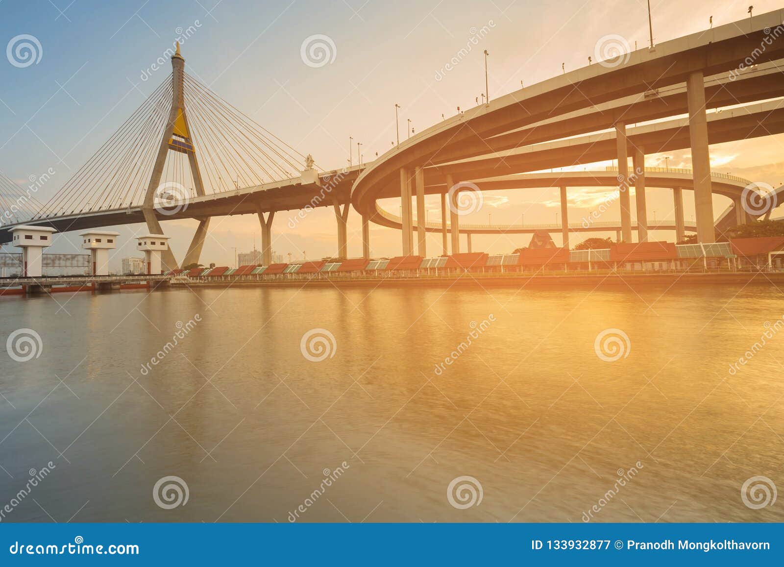 Intersection with Suspension Bridge Stock Image - Image of night ...