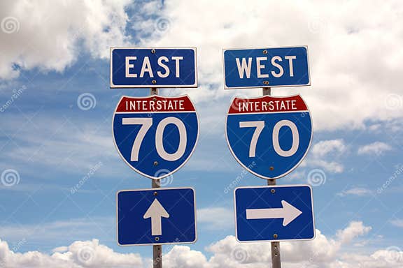 Interstate 70 Road Signs stock photo. Image of blue, east - 14381642