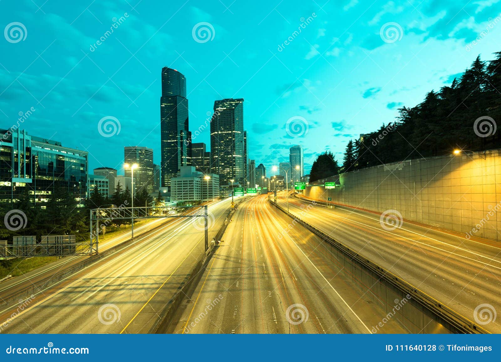 Interstate 5 and Downtown Seattle at Dawn Stock Photo - Image of lights ...