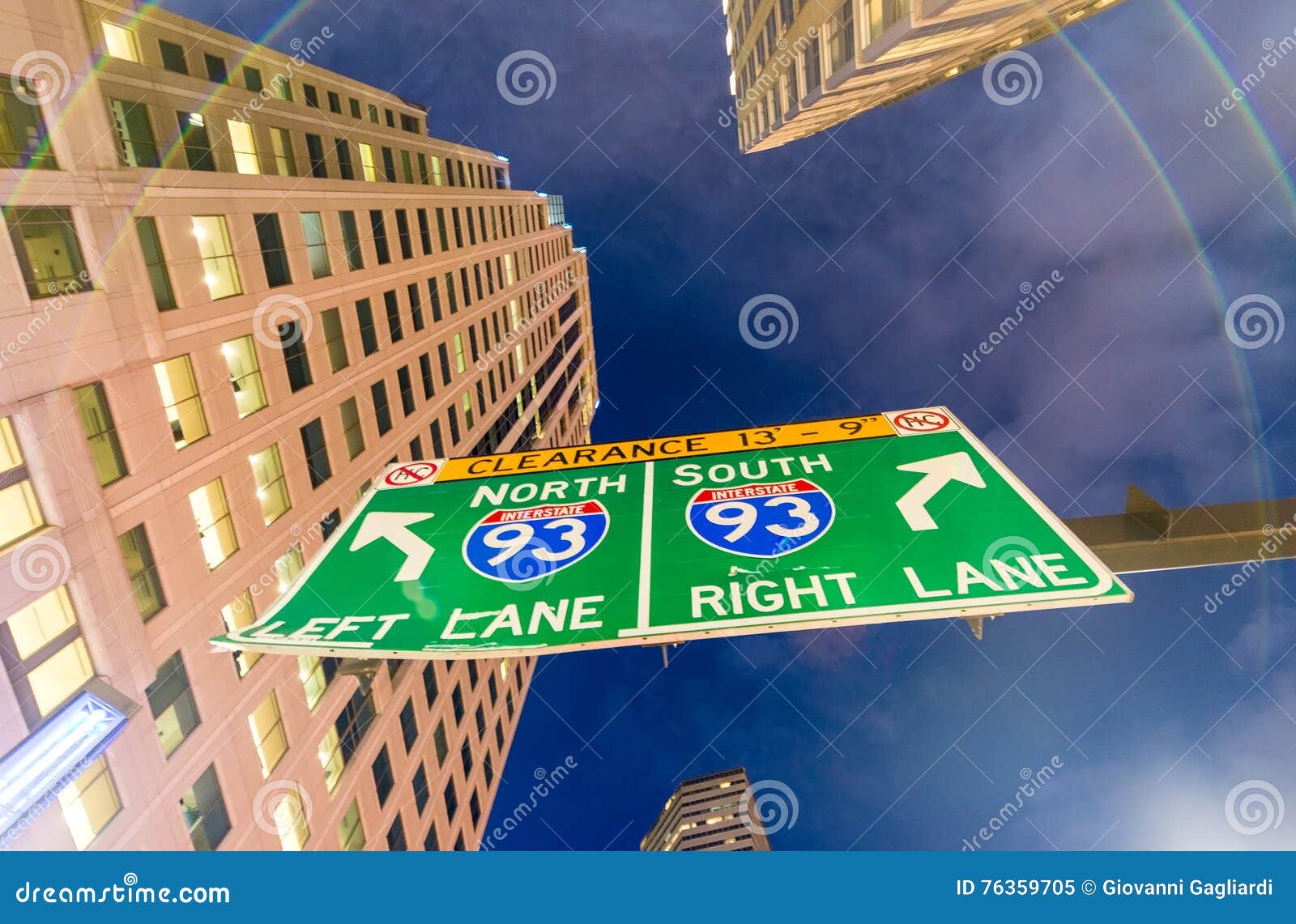Interstate Road Sign at Night in Downtown Stock Image - Image of ...
