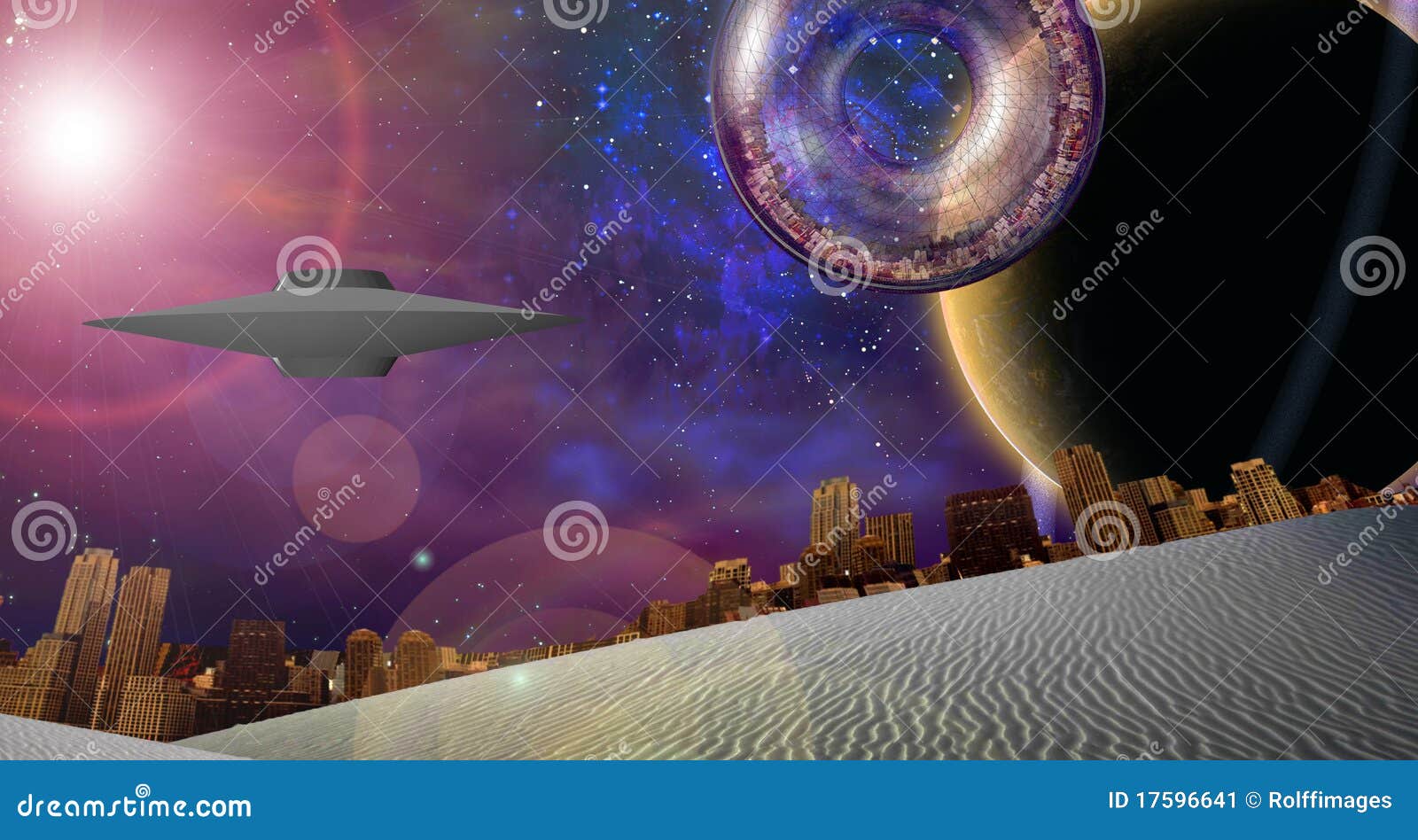 Interstellar City Ship Near Ringed Planet Stock Illustration ...