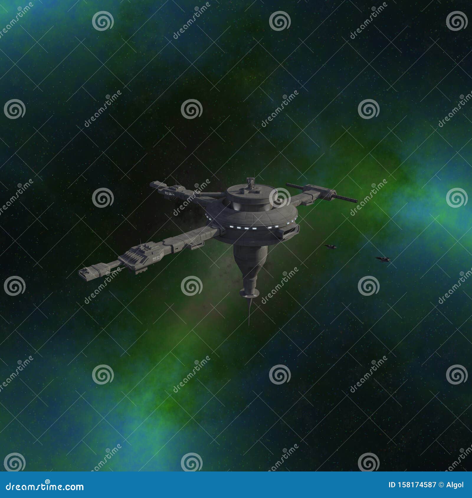 Interstellar Space Station and Blue Green Nebula Stock Illustration ...