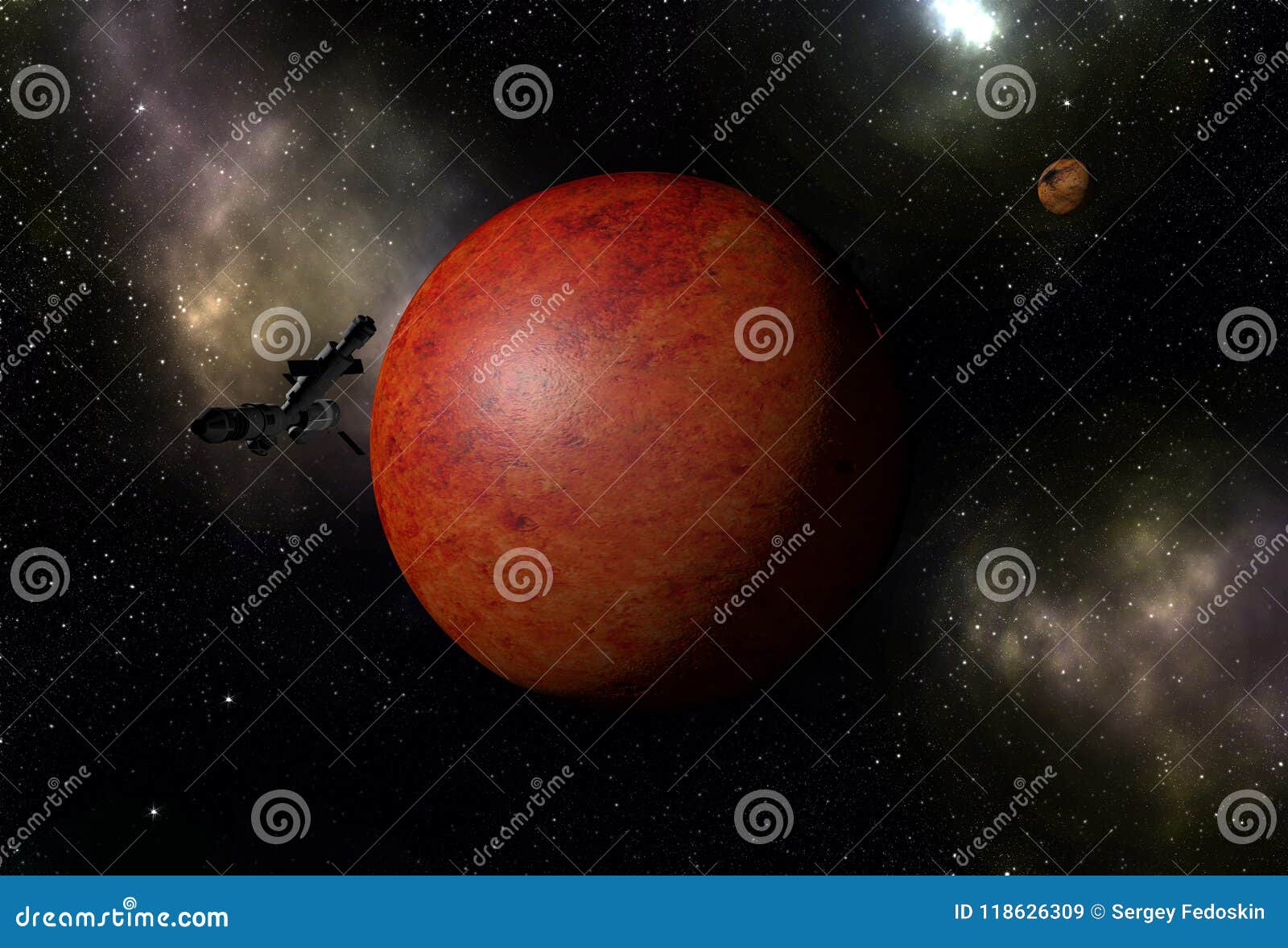 Interstellar Spaceship Flying To Unknown Red Planet. Stock Illustration ...
