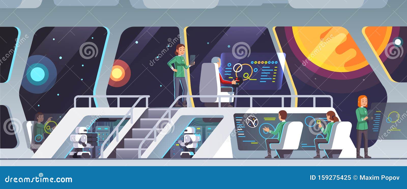 Interstellar Spaceship Main Bridge with Crew Work Stock Vector ...