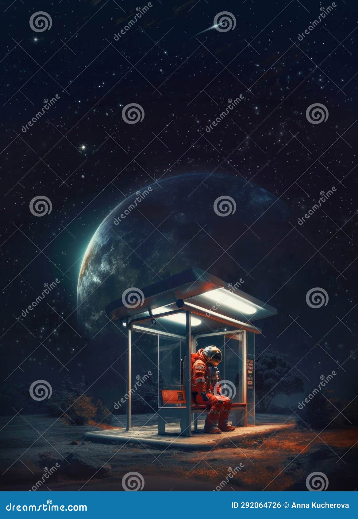 Interstellar Traveller Awaiting a Bus Under Unfamiliar Night Sky of ...