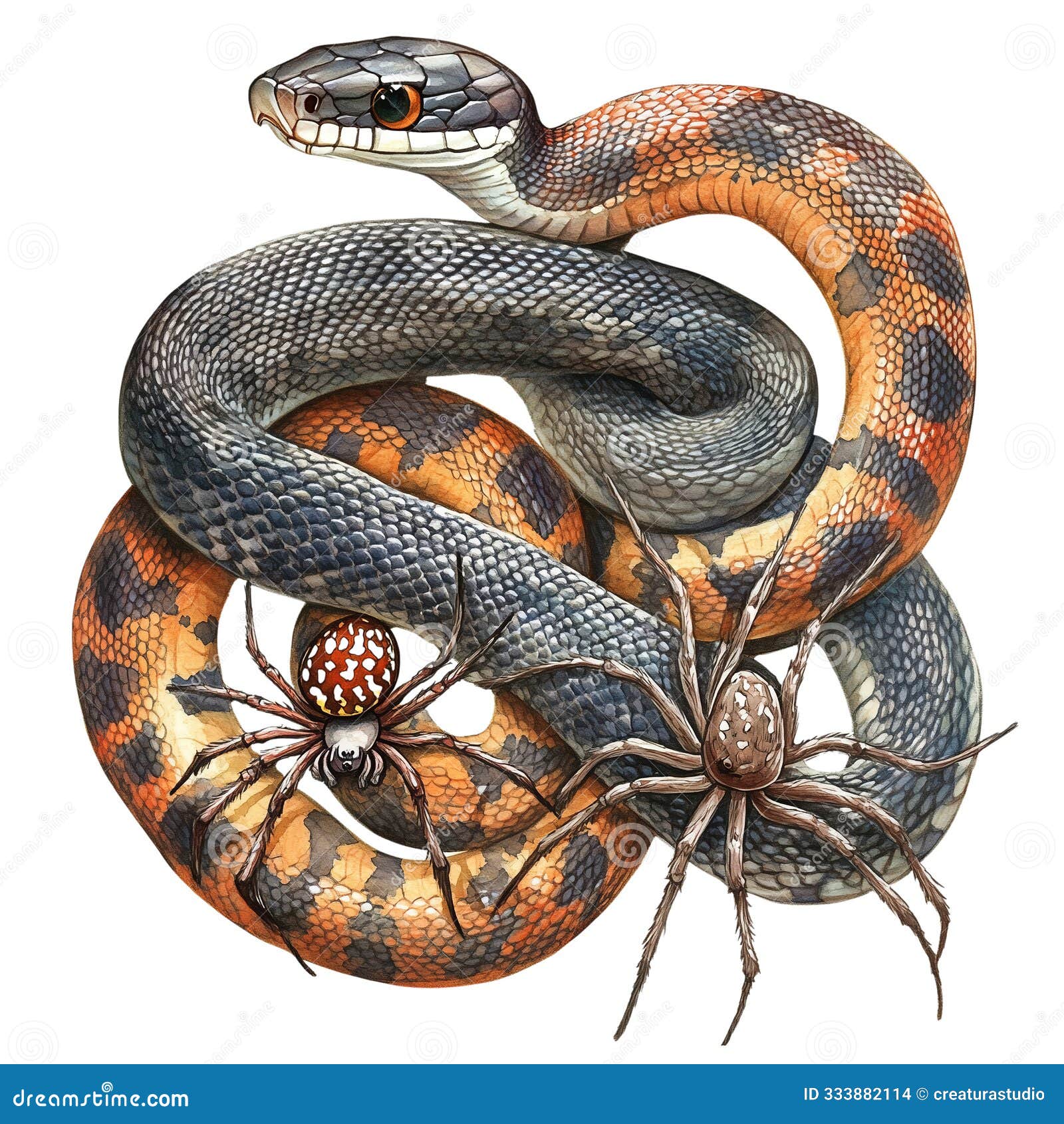 Intertwining Snake and Spiders Stock Photo - Illustration of mystical ...