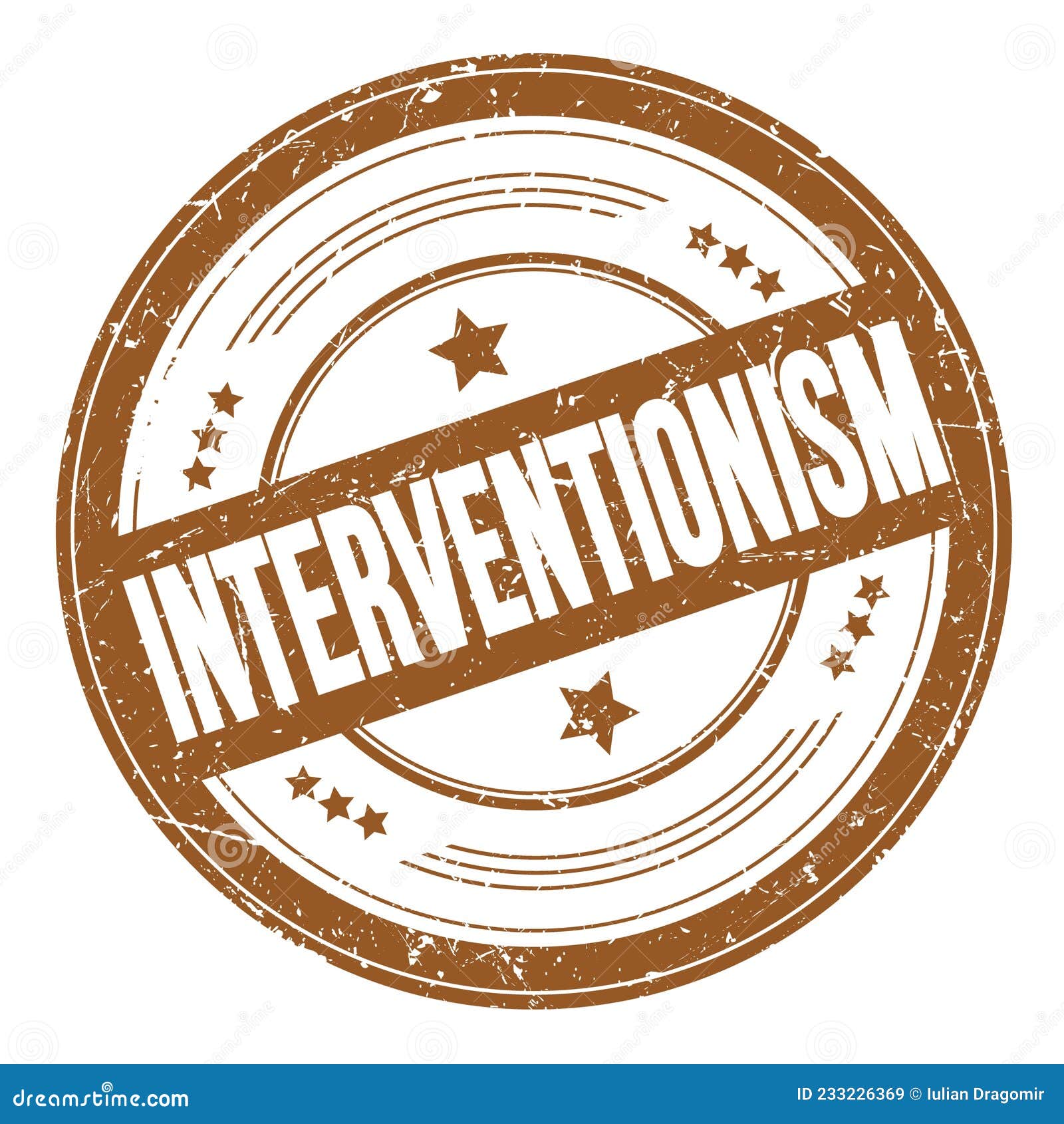 INTERVENTIONISM Text on Brown Round Grungy Stamp Stock Illustration ...