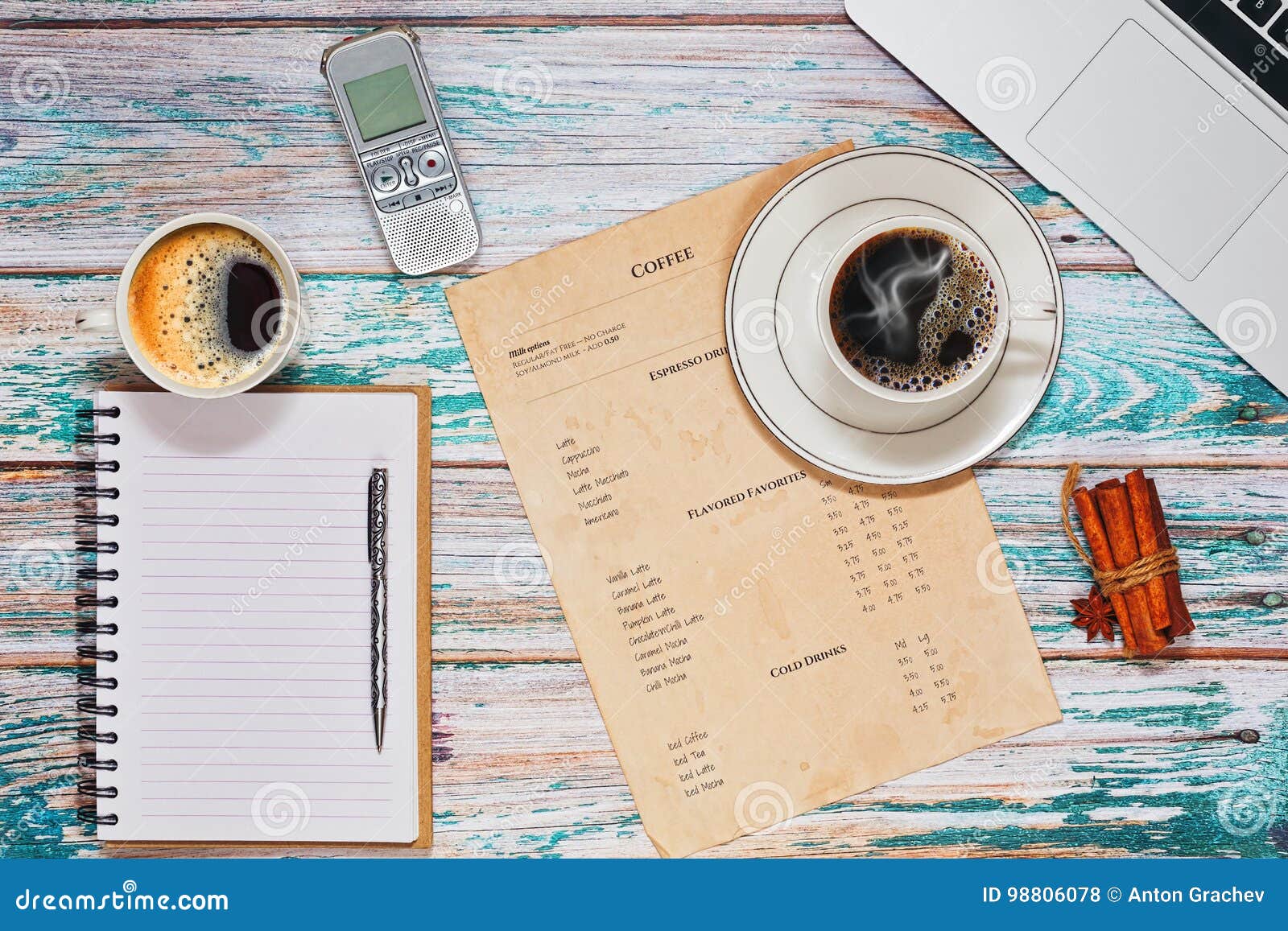 Interview in Cafe Concept Top View Stock Photo - Image of notebook ...