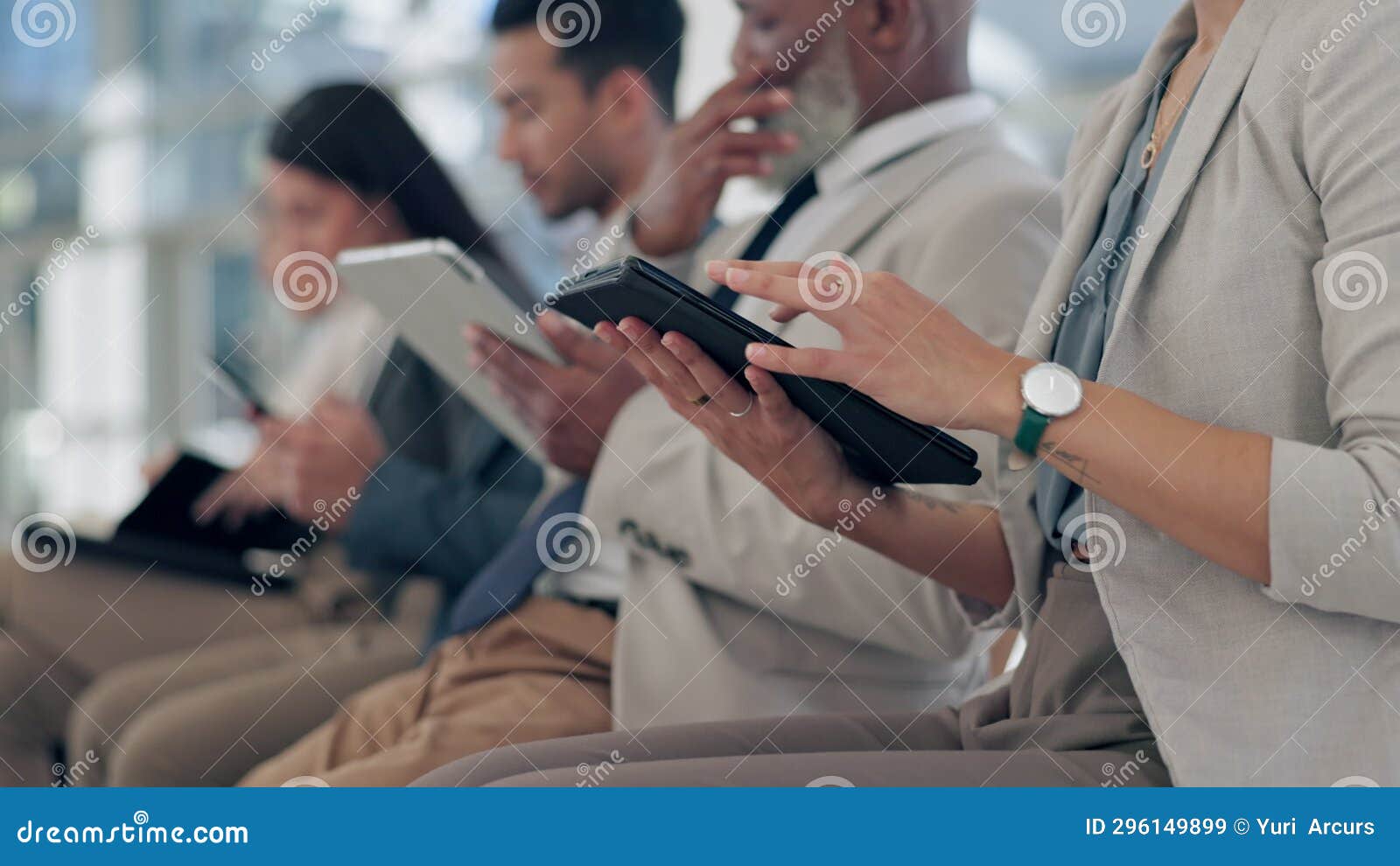 Interview Queue, Waiting Room and Hands on Tablet, Typing or Scroll for ...