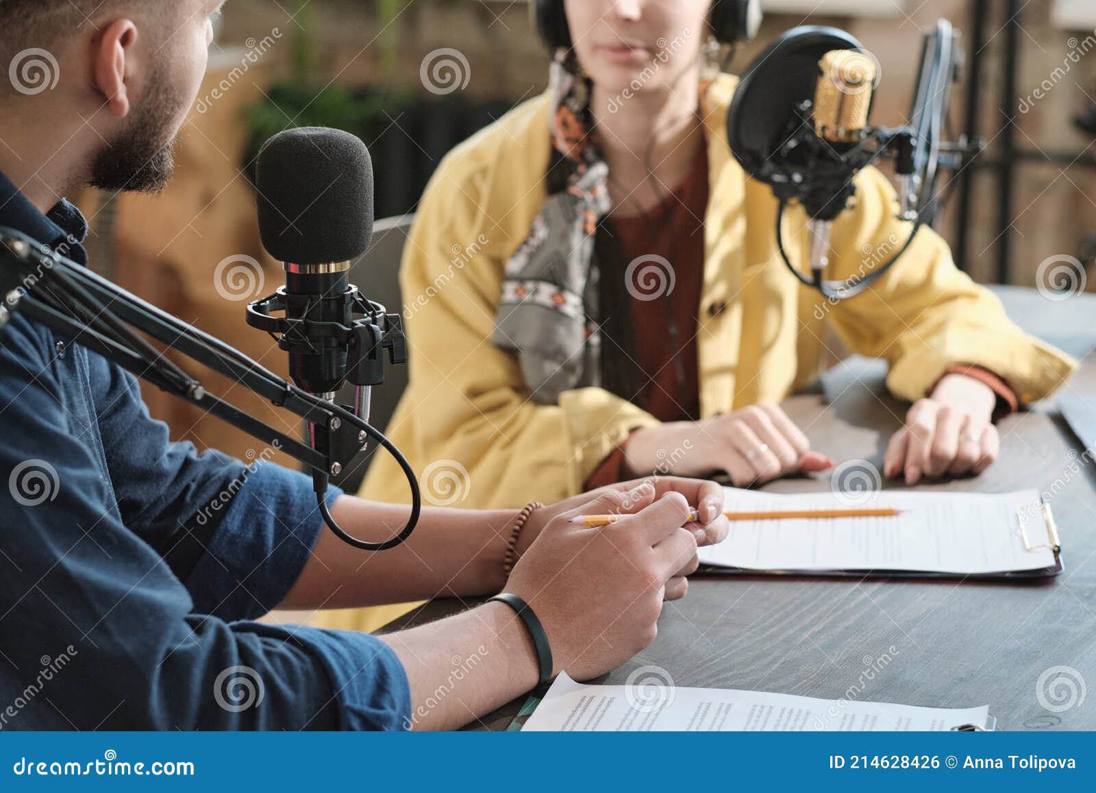 Interview at radio studio stock photo. Image of recording - 214628426