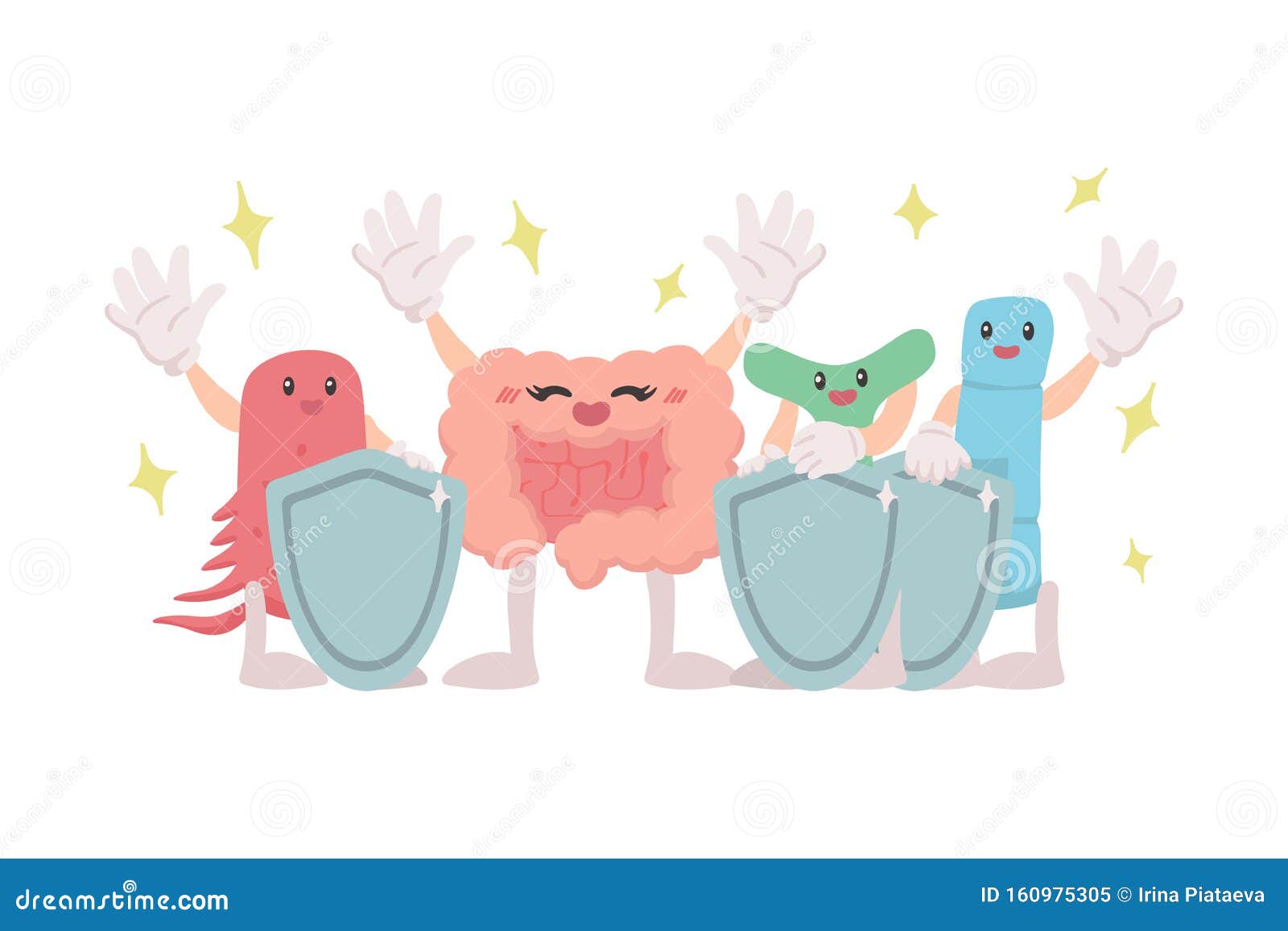 Intestines And Probiotics. Digestive Tract. Cute Characters On A White ...