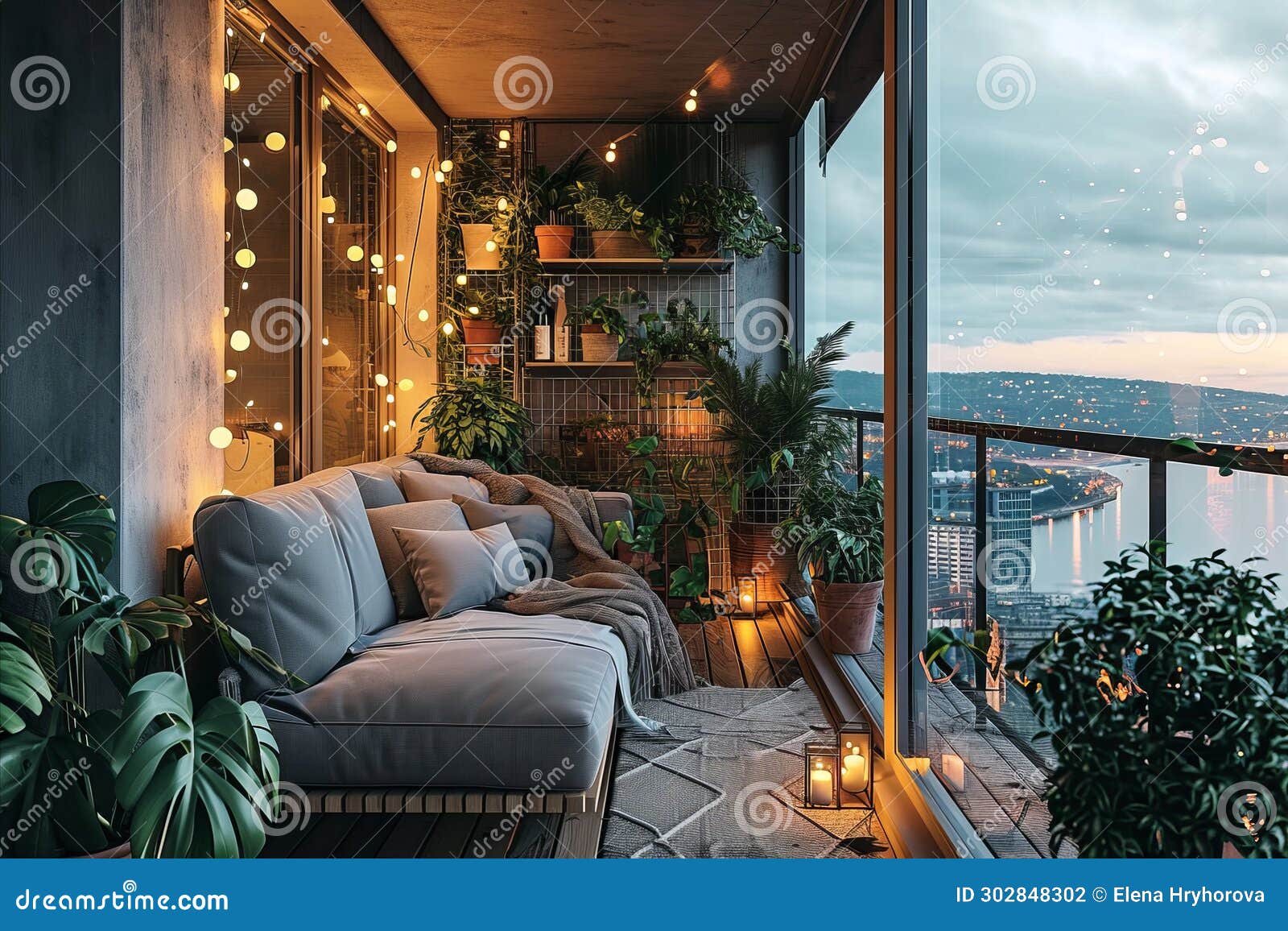 Intimate Balcony Setting with a Sofa, Decorative Lights, and an Array ...