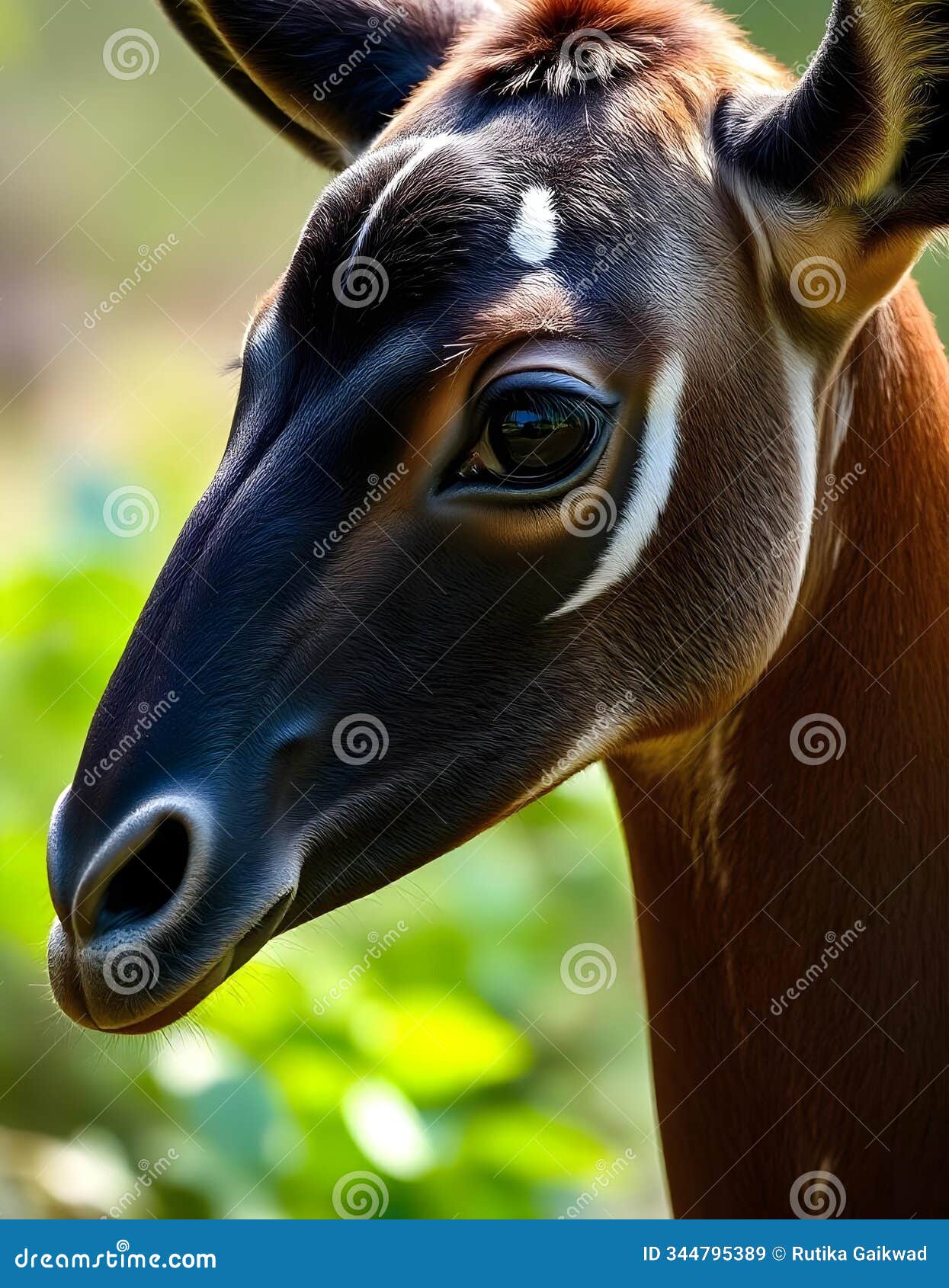Intimate Close-up of an Okapi S Head, Focusing on Its Dark Skin and Markings Under a Soft ...