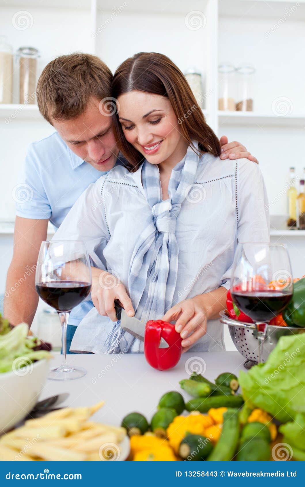 Intimate Couple Preparing Dinner Stock Image - Image of glass, jolly ...